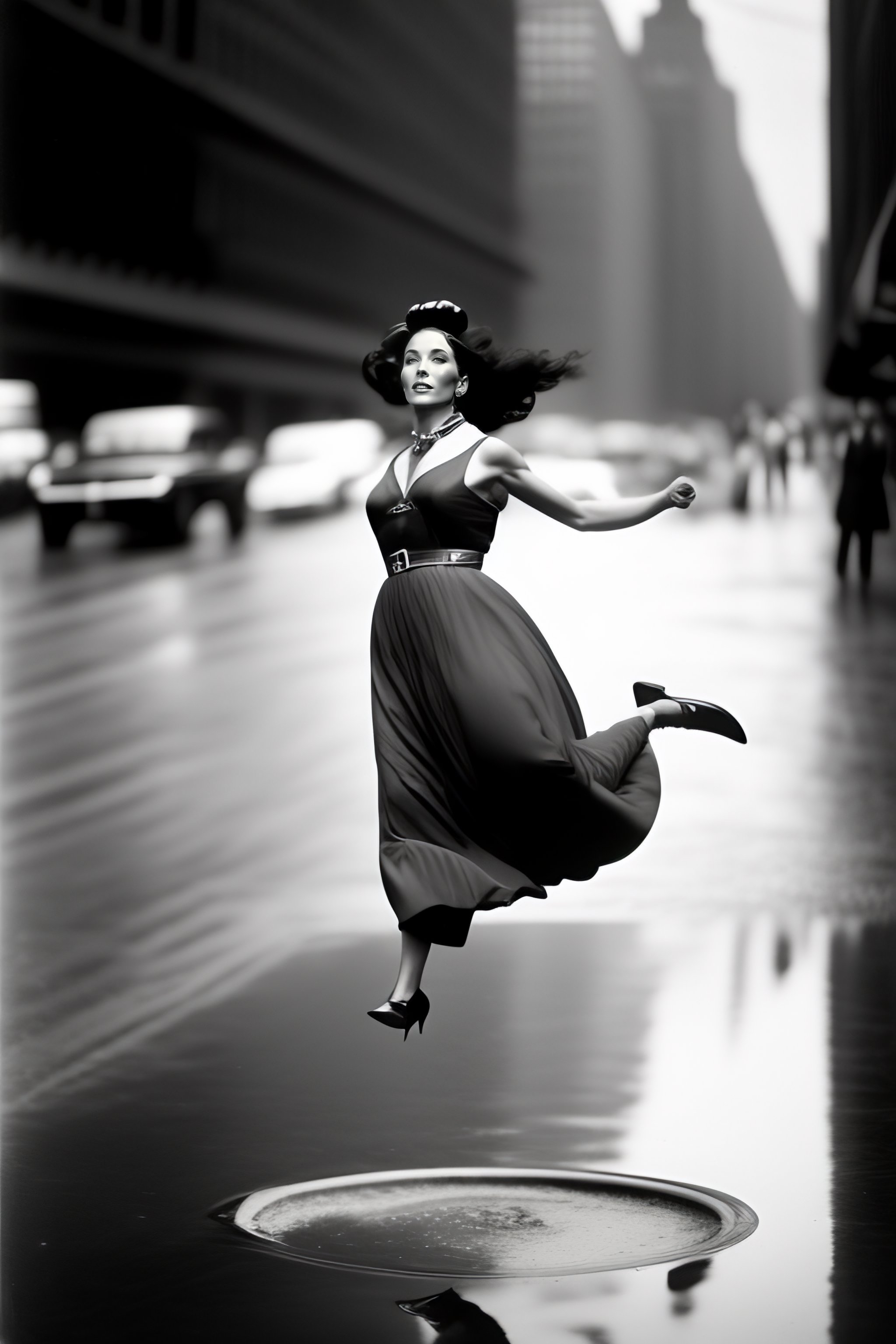 Lexica - Vintage photo of a model jumping over a puddle in NY, long ...