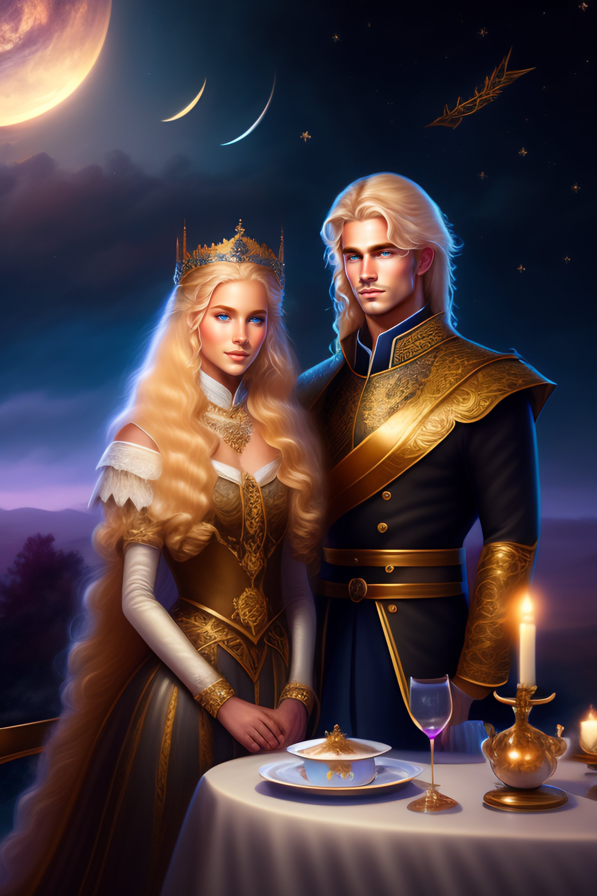 Lexica - Young prince, long blonde hair, royal, black outfit, night sky ...