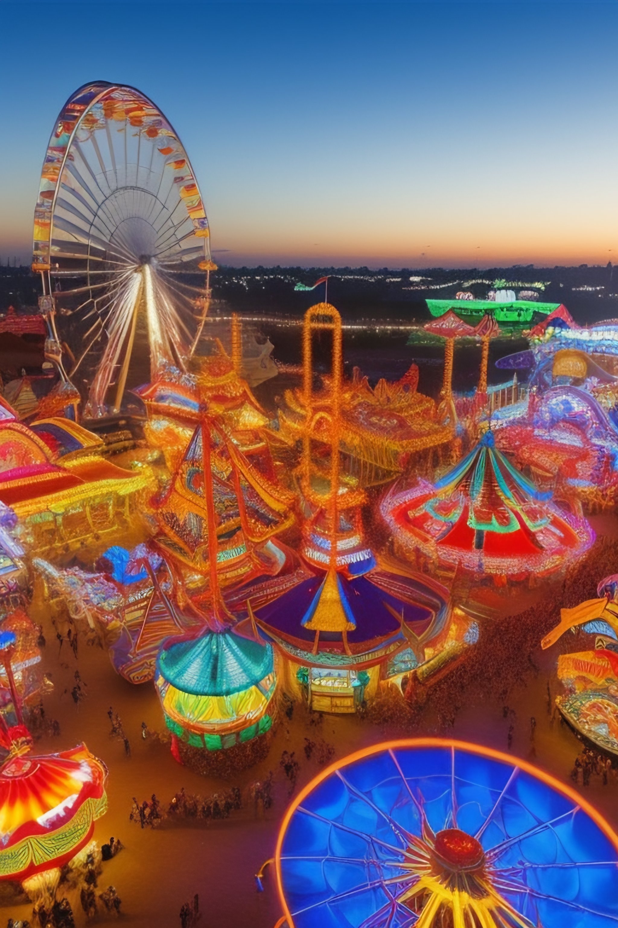 Lexica - An ariel view of fun fair carnival at night with many rides ...