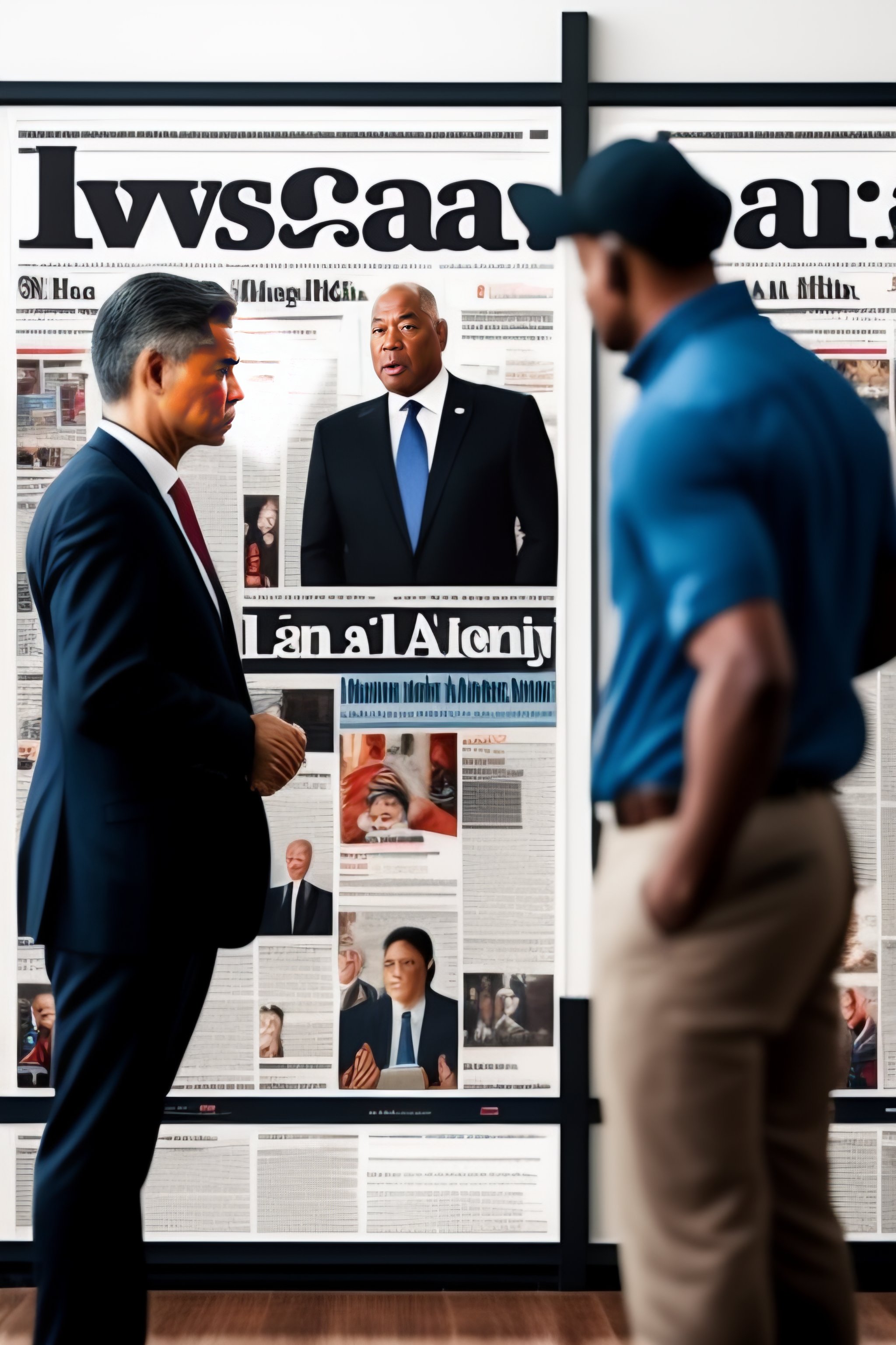 Lexica - Wide shot of two people arguing over a newspaper