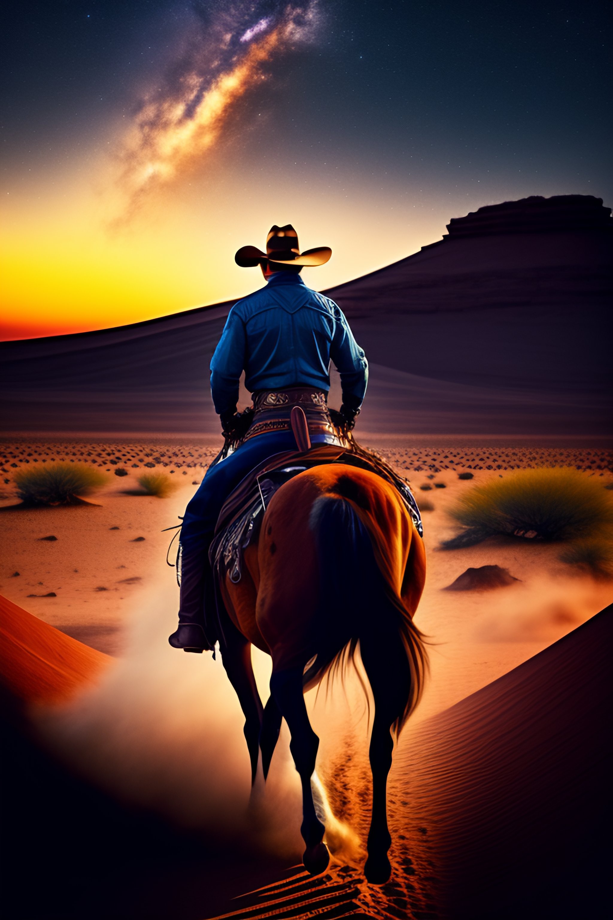 Lexica - Western Cowboy riding his horse at night under the milky way ...