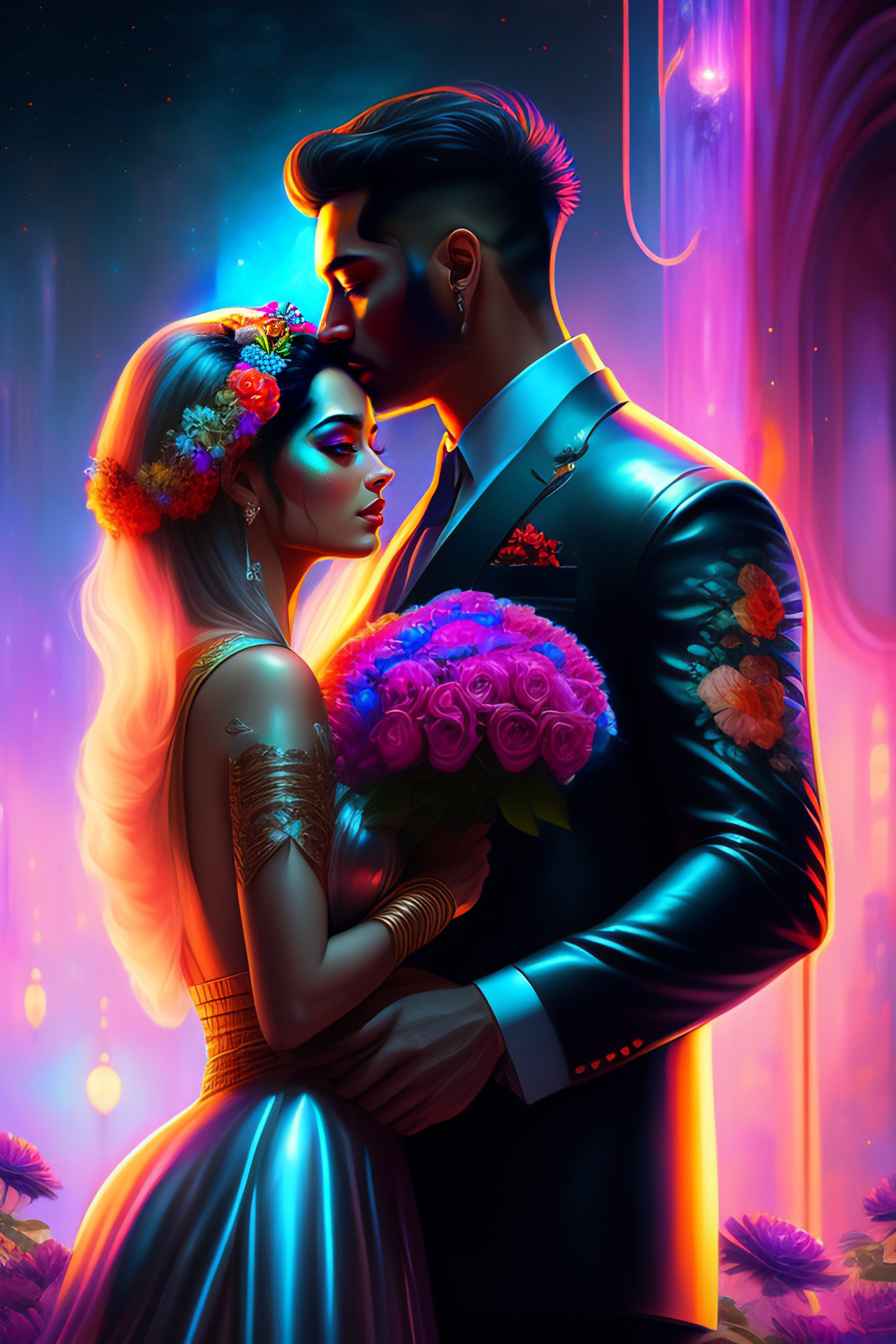 Lexica - An android man gives a bouquet of flowers to a beautiful human ...