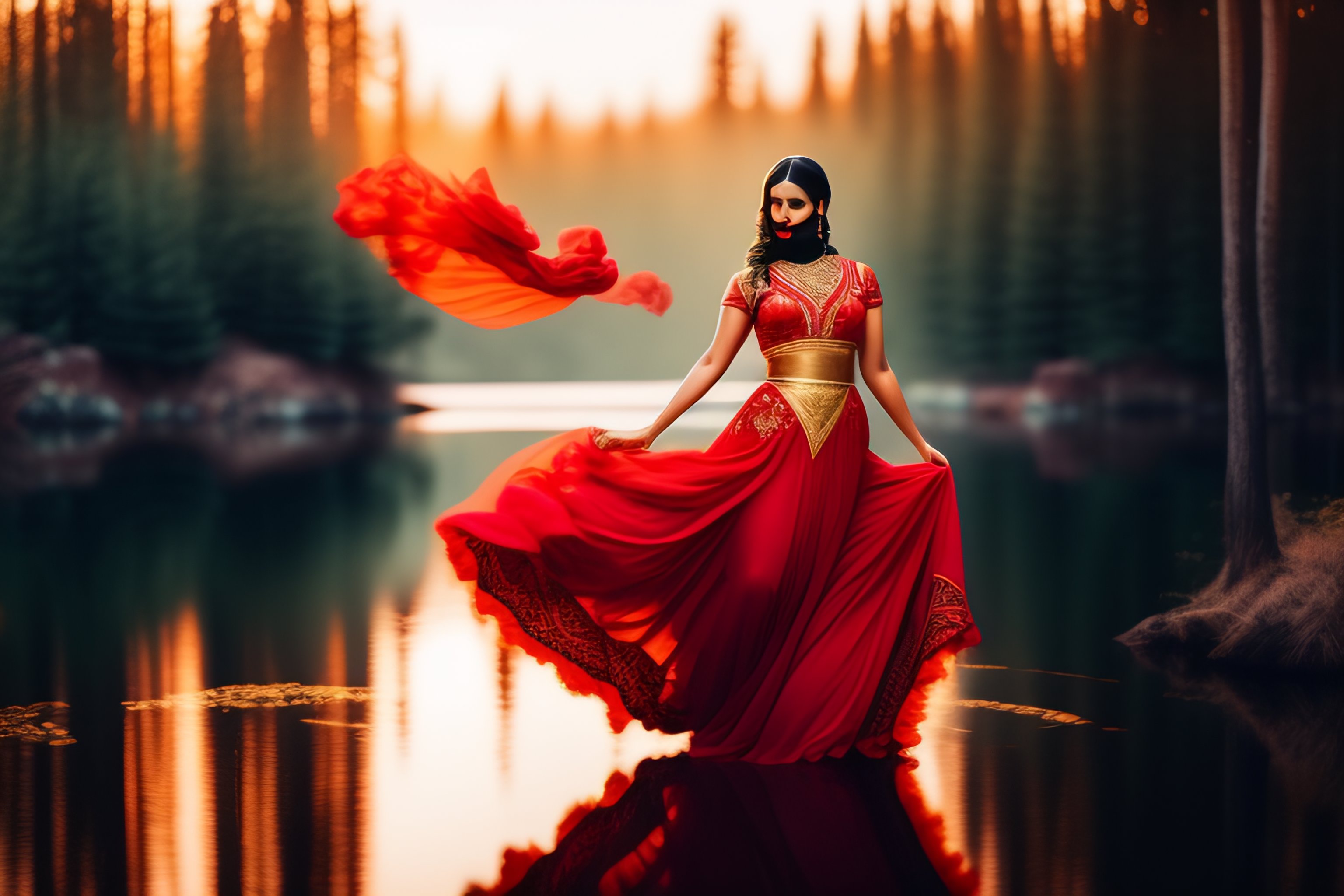 Lexica - Beautiful arabian woman wearing red and gold dress and black ...