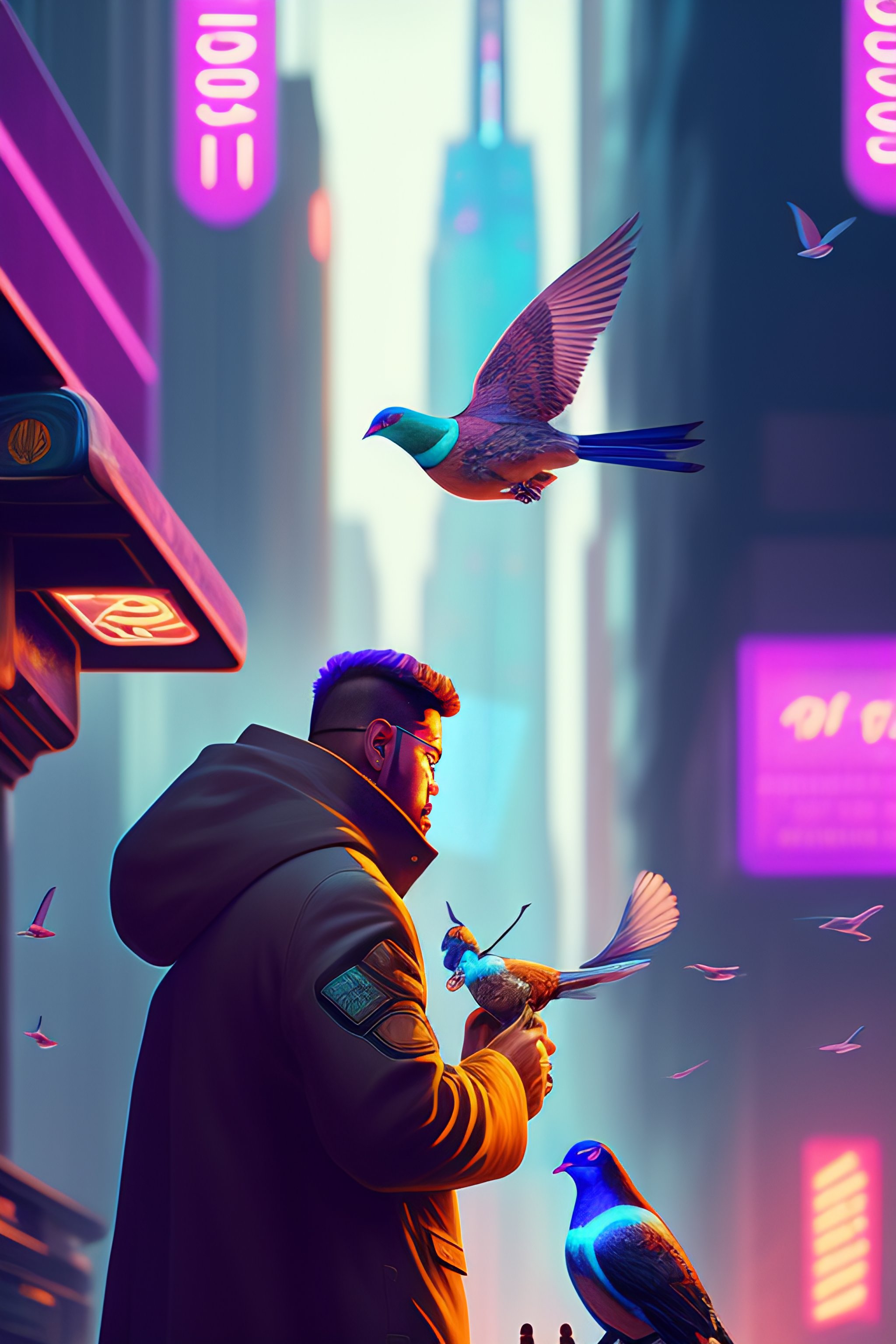 Lexica - Cyborg feeding electric pigeons in front of a neon church ...