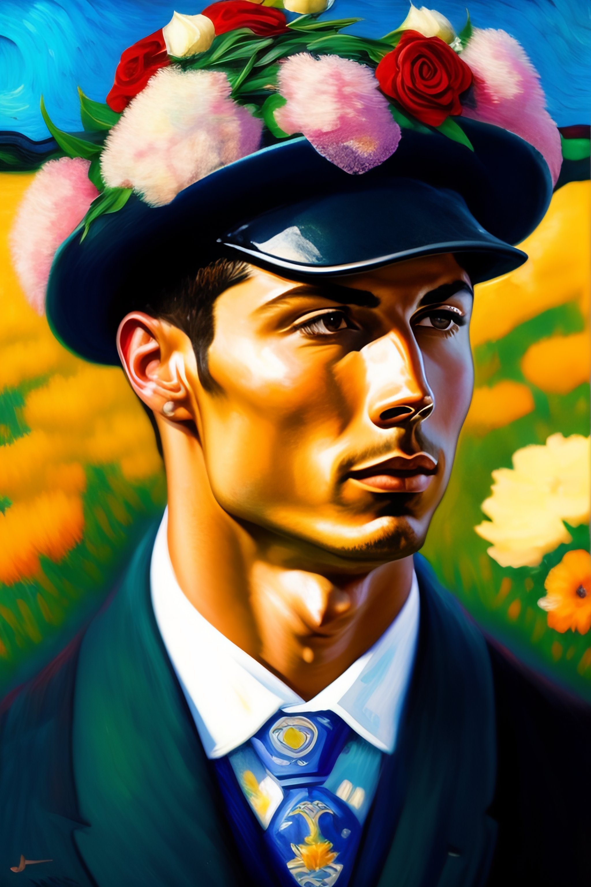 Lexica - A portrait of Cristiano Ronaldo with a hat of flowers, by Van Gogh