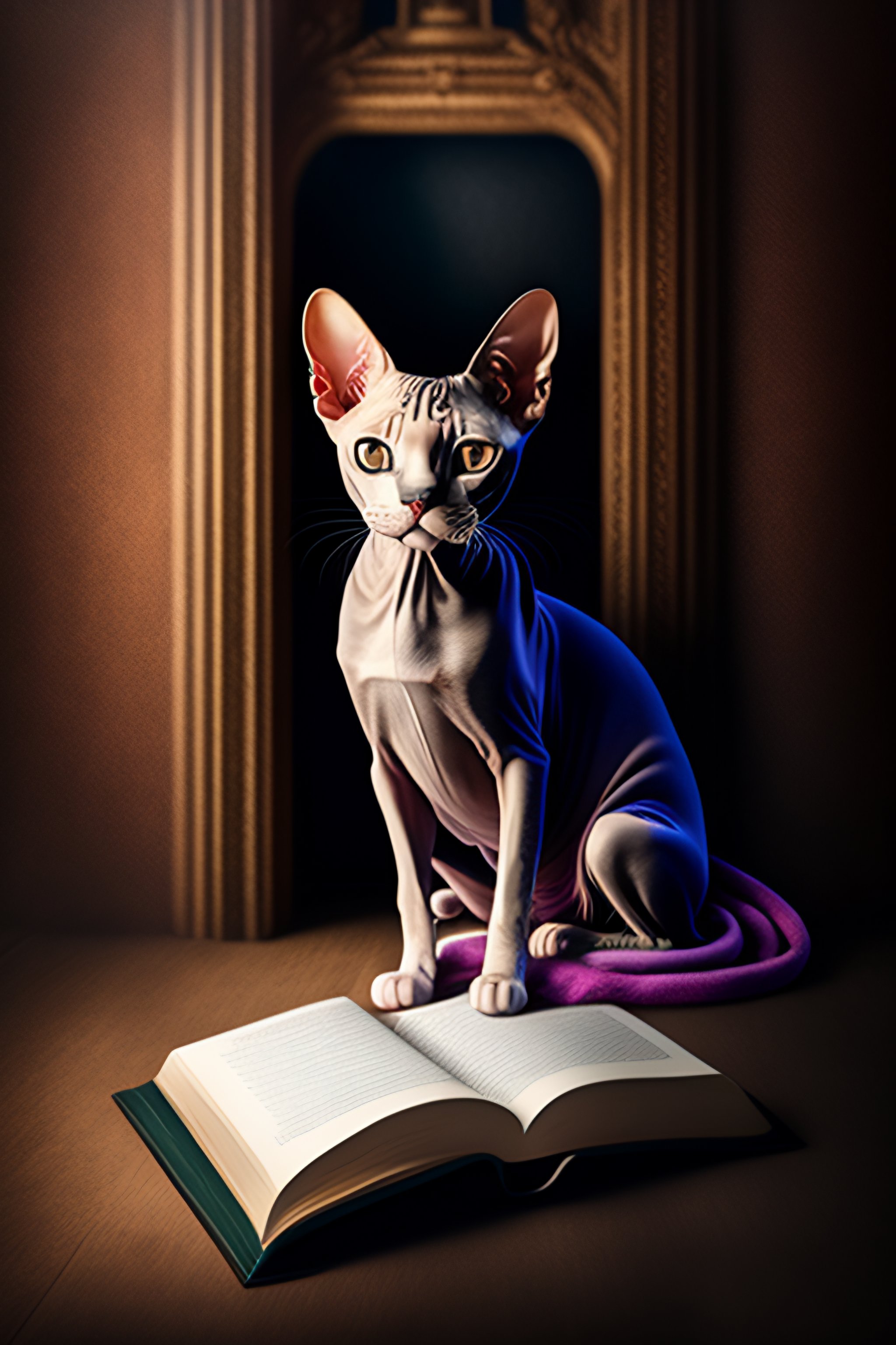 Lexica - Sphynx cat reading book of spell in a mystical dark wall room