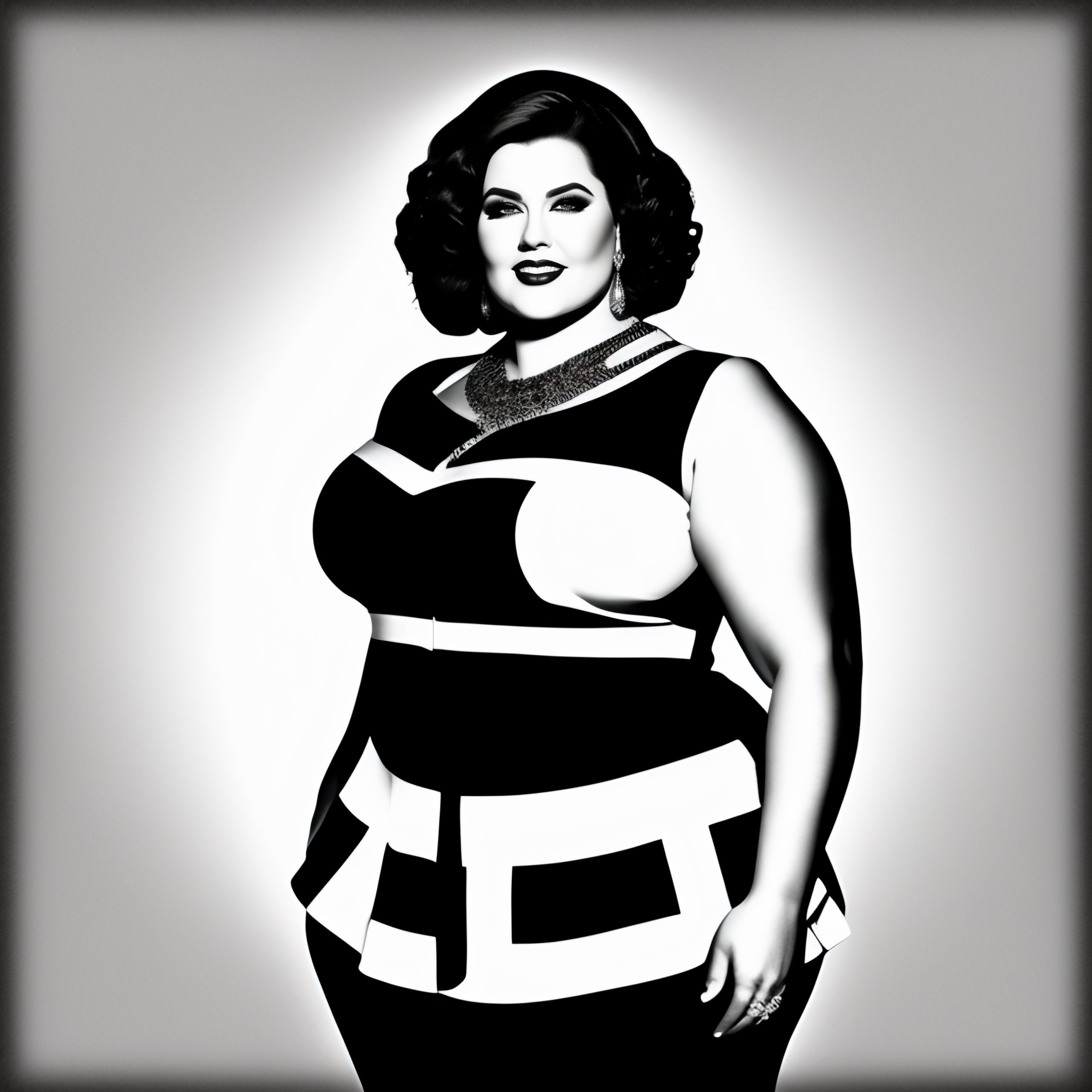 Lexica - Plus-size older female wearing black and white dress, logo ...