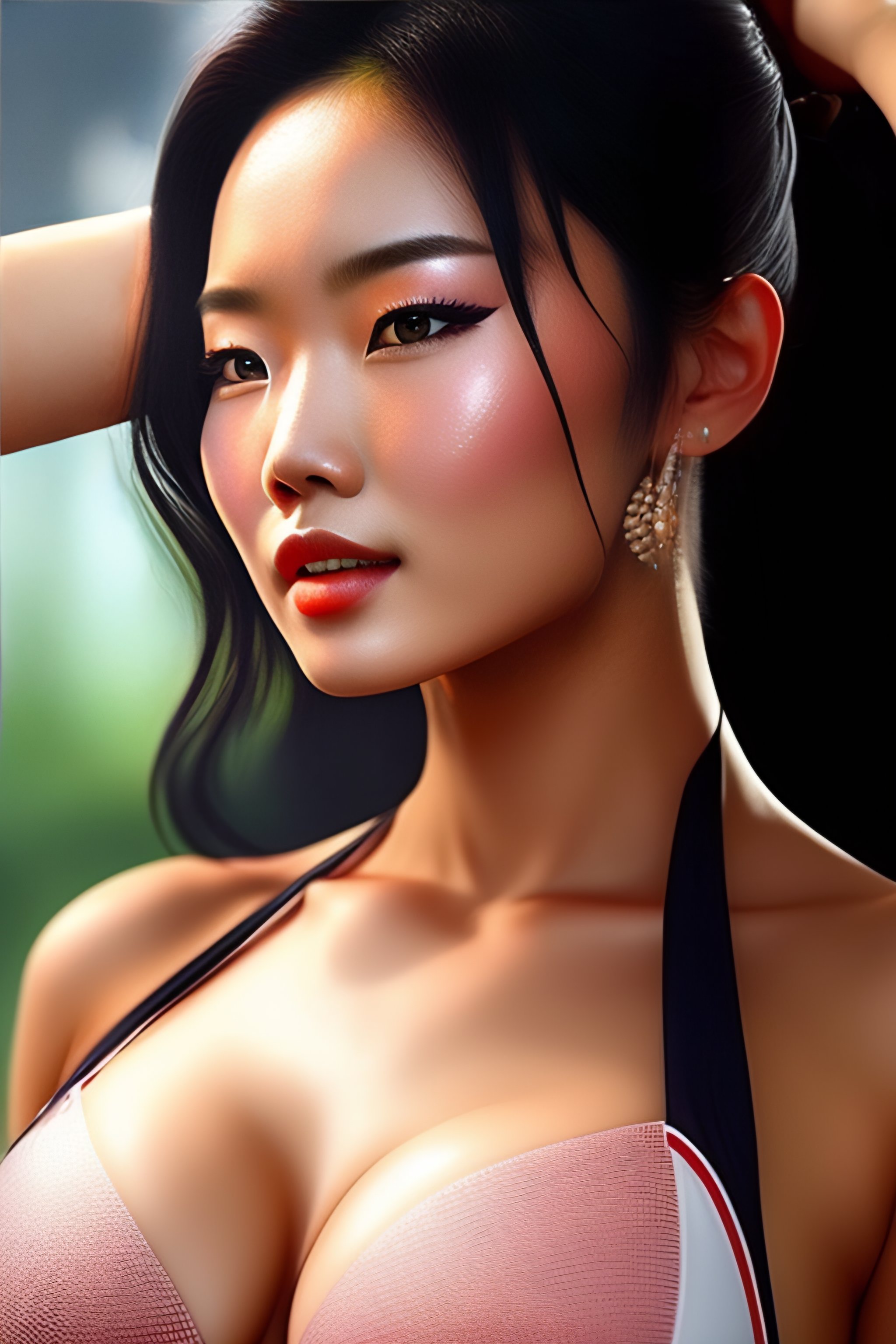 Lexica - Asian beauty, in small fishnet made bikini dripping sweat all over, revealing