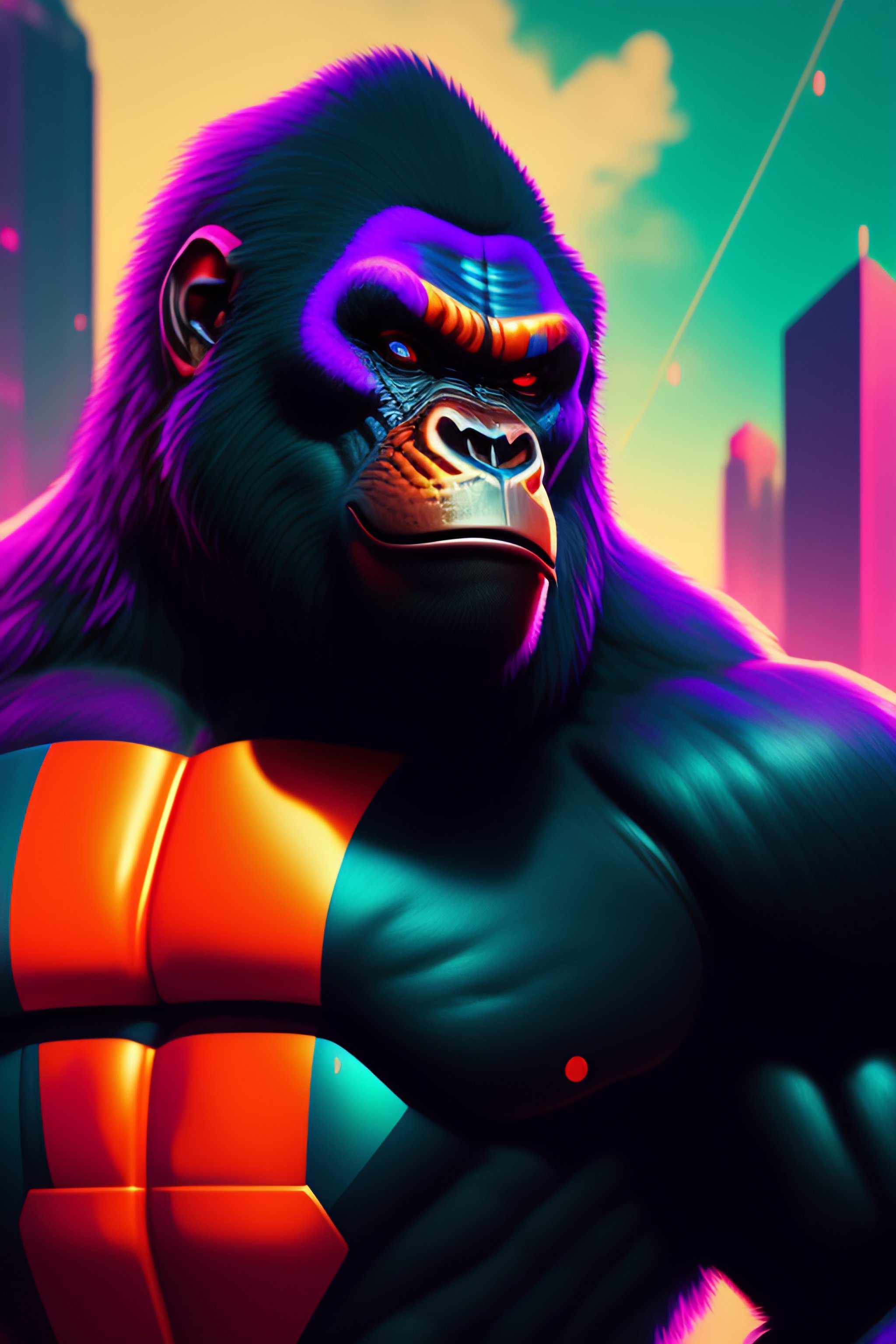 Lexica - A colorful comic noir illustration painting of a cyberpunk gorilla with the name ...