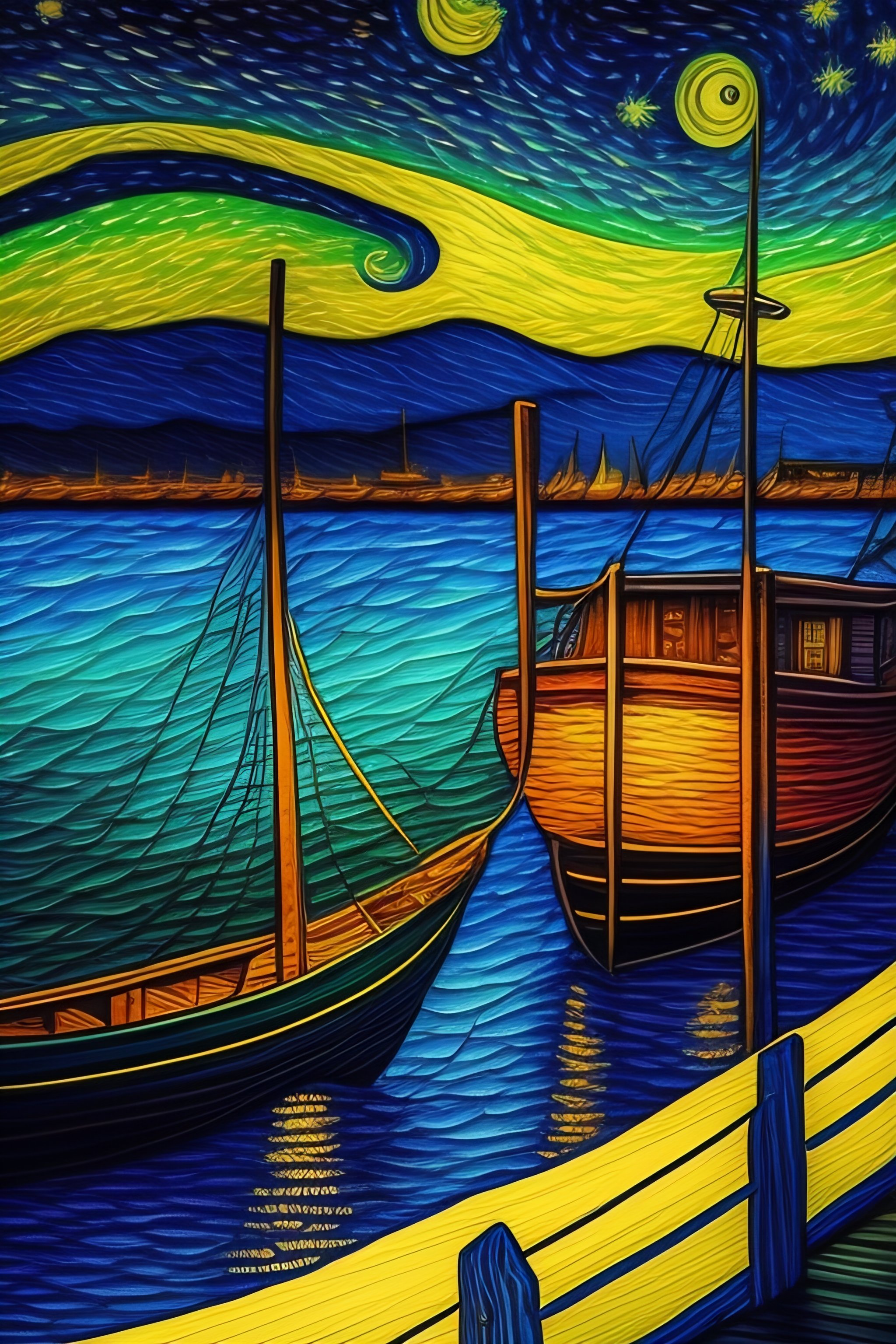 Lexica - Color line drawing of fisherman in night port, van gogh style ...