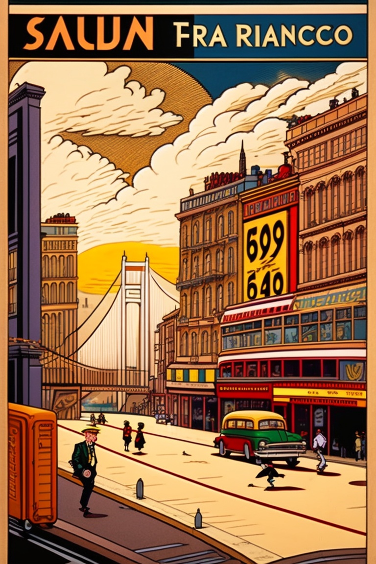 Lexica - Chaotic stunning san francisco, illustrated by hergé, style of tin tin comics, pen and ...