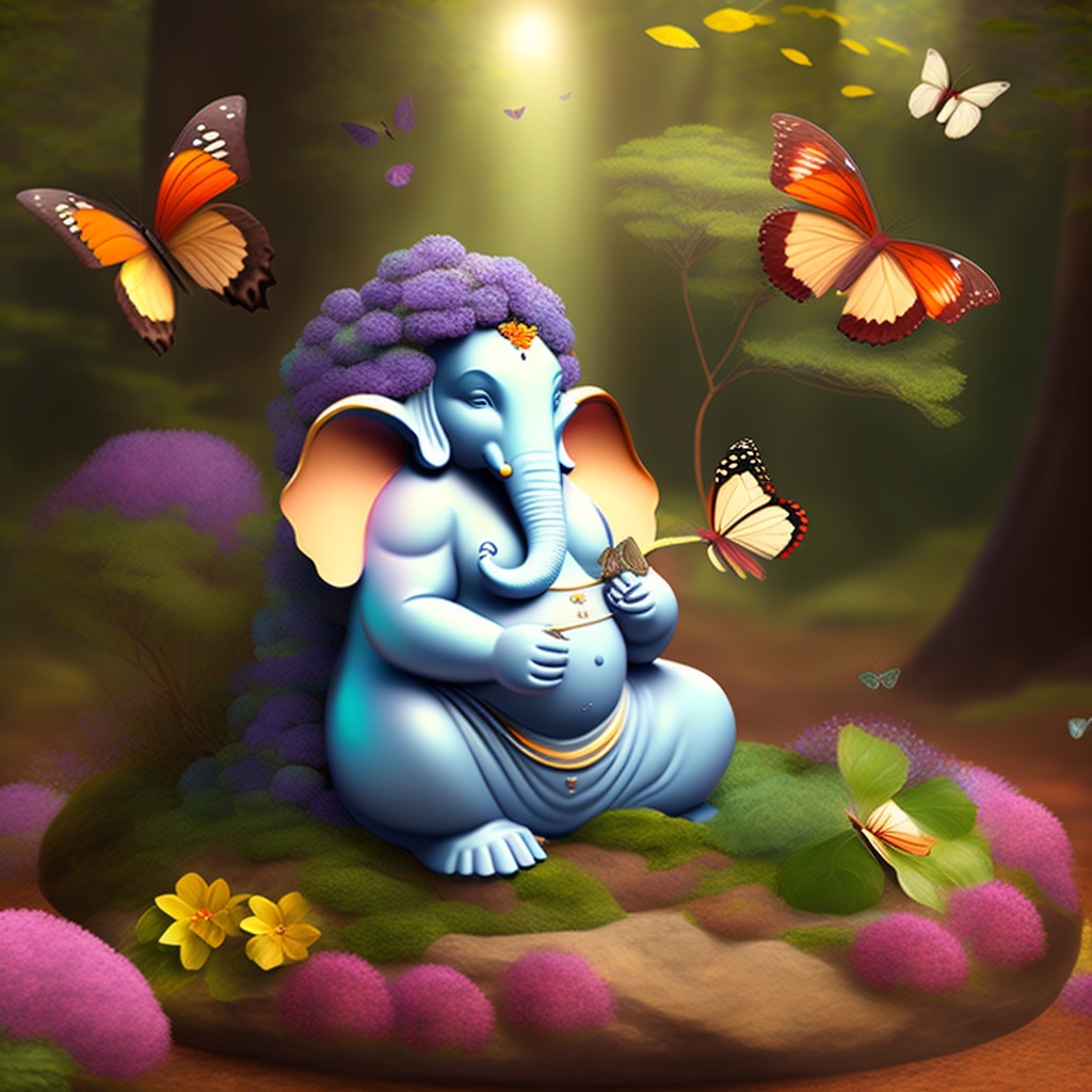 Lexica - Ganpati bappa in forest with flowers, butterflies,