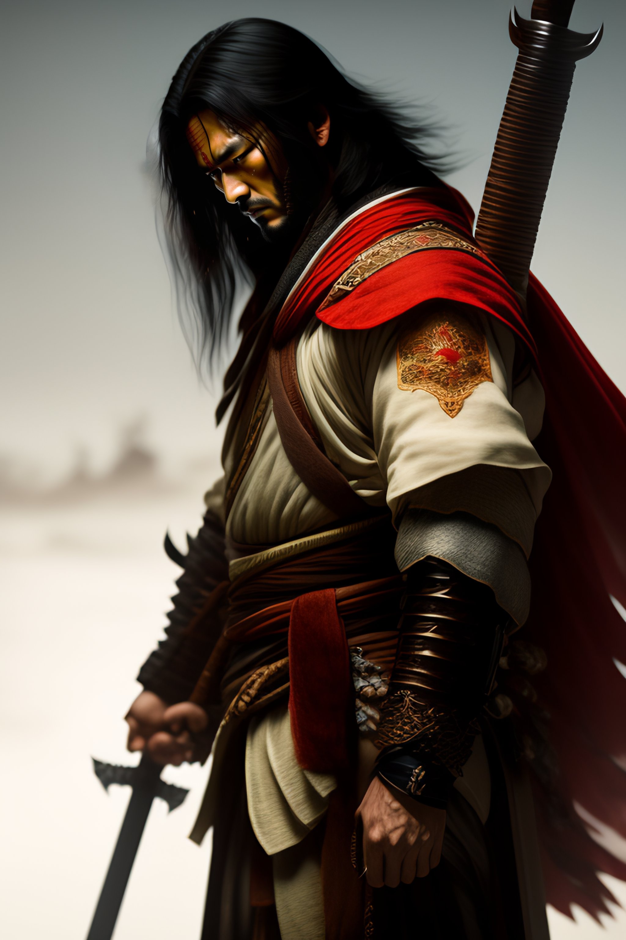 Lexica - One-armed ronin, shabby clothes, thick long hair, dangling ...