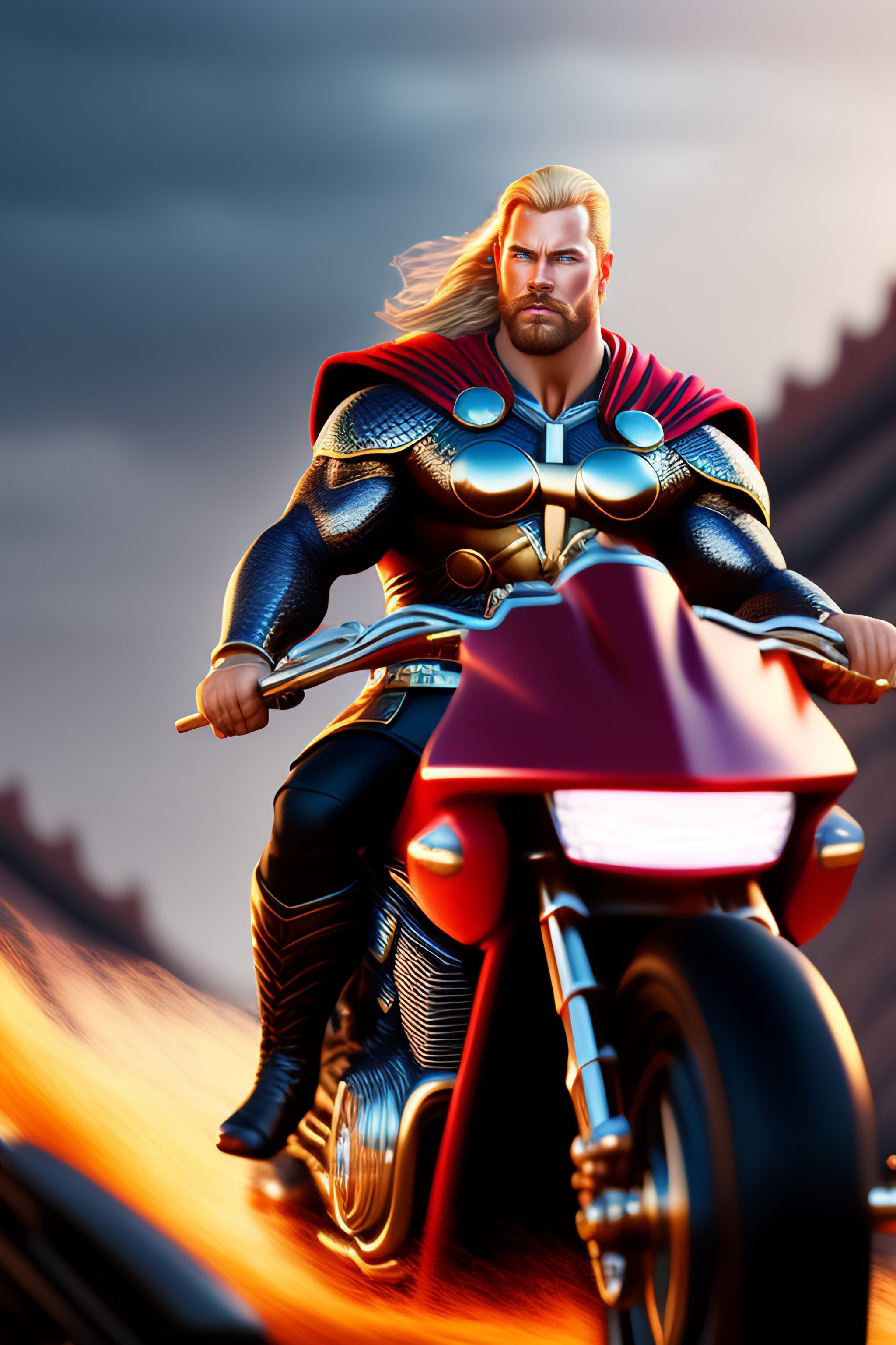 Lexica - An action scene of thor riding a motorcycle, on the great wall ...