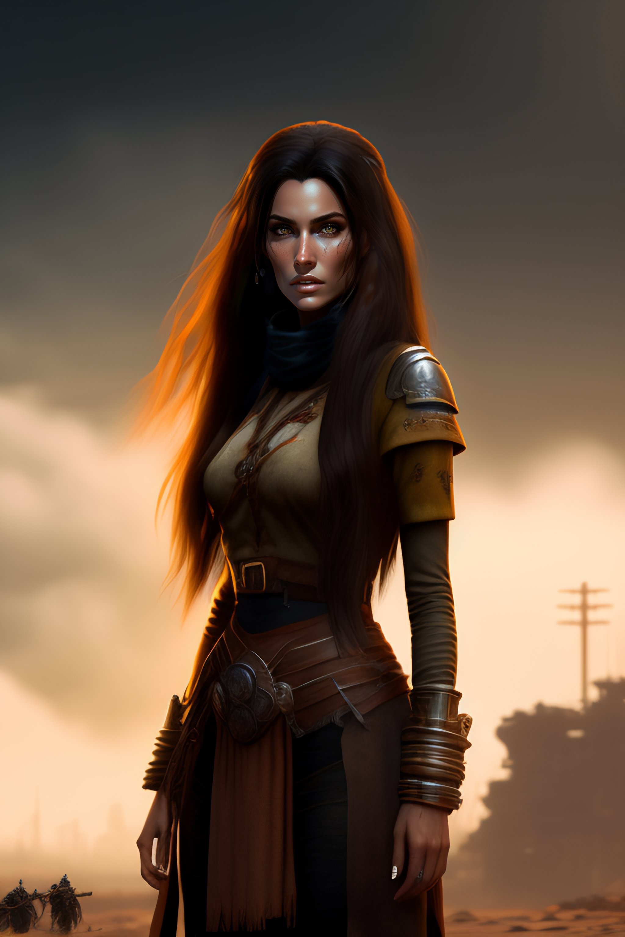 Lexica - Avahlok woman long brown hair dressed as in a post apocalyptic ...