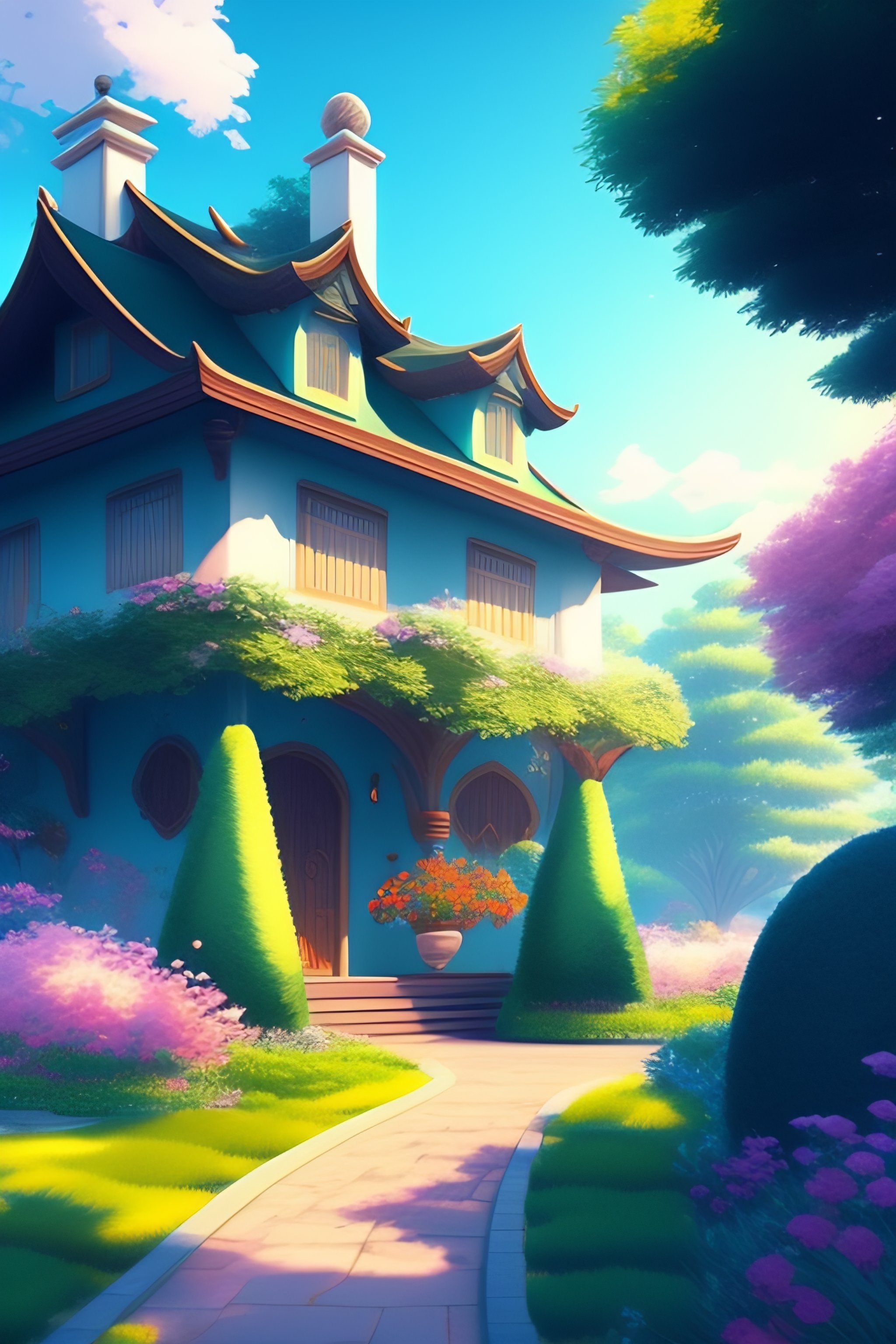 Lexica - A house with a beautiful garden and a blue sky with clouds in ...