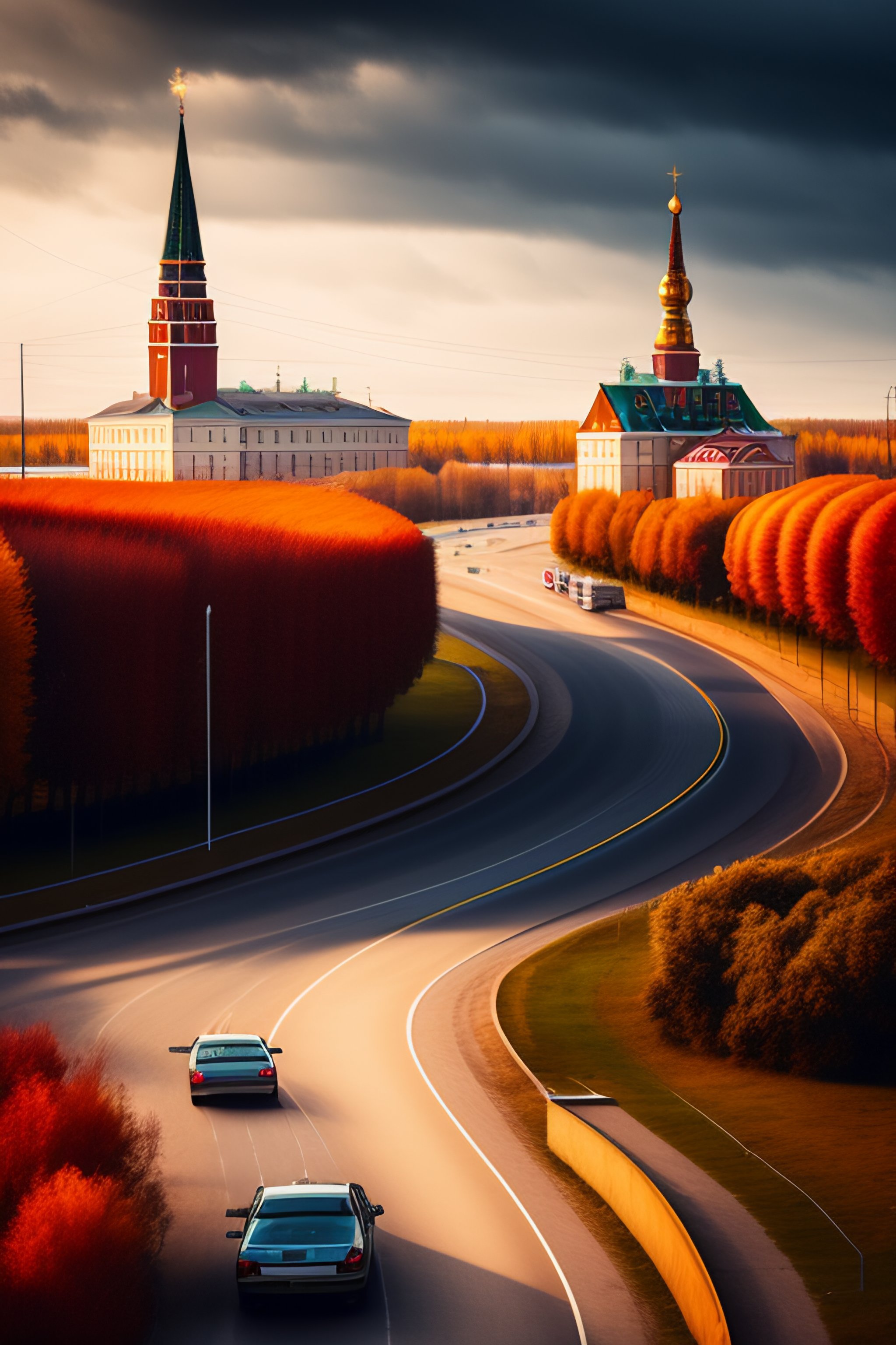 Lexica - A small Soviet town near a traffic circle road, autumn ...