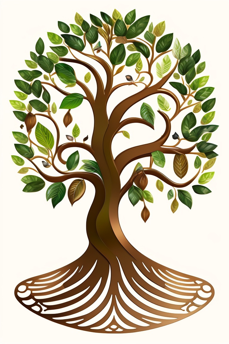 Lexica - Brown Tree of life with leaves in shades of green, linocut ...