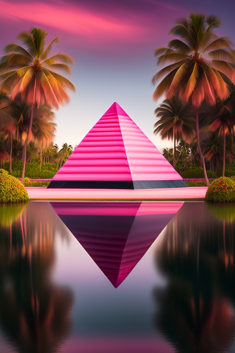 Lexica - A pink pyramid on a lac with a forest of palm trees, with a ...