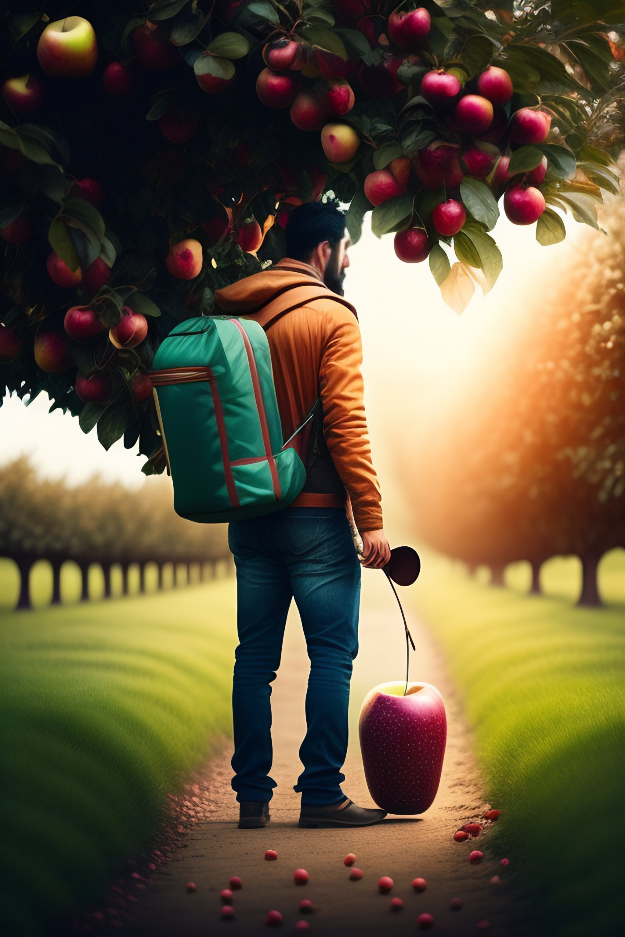 Lexica - Man standing on a lether collecting fruits from an apple-tree