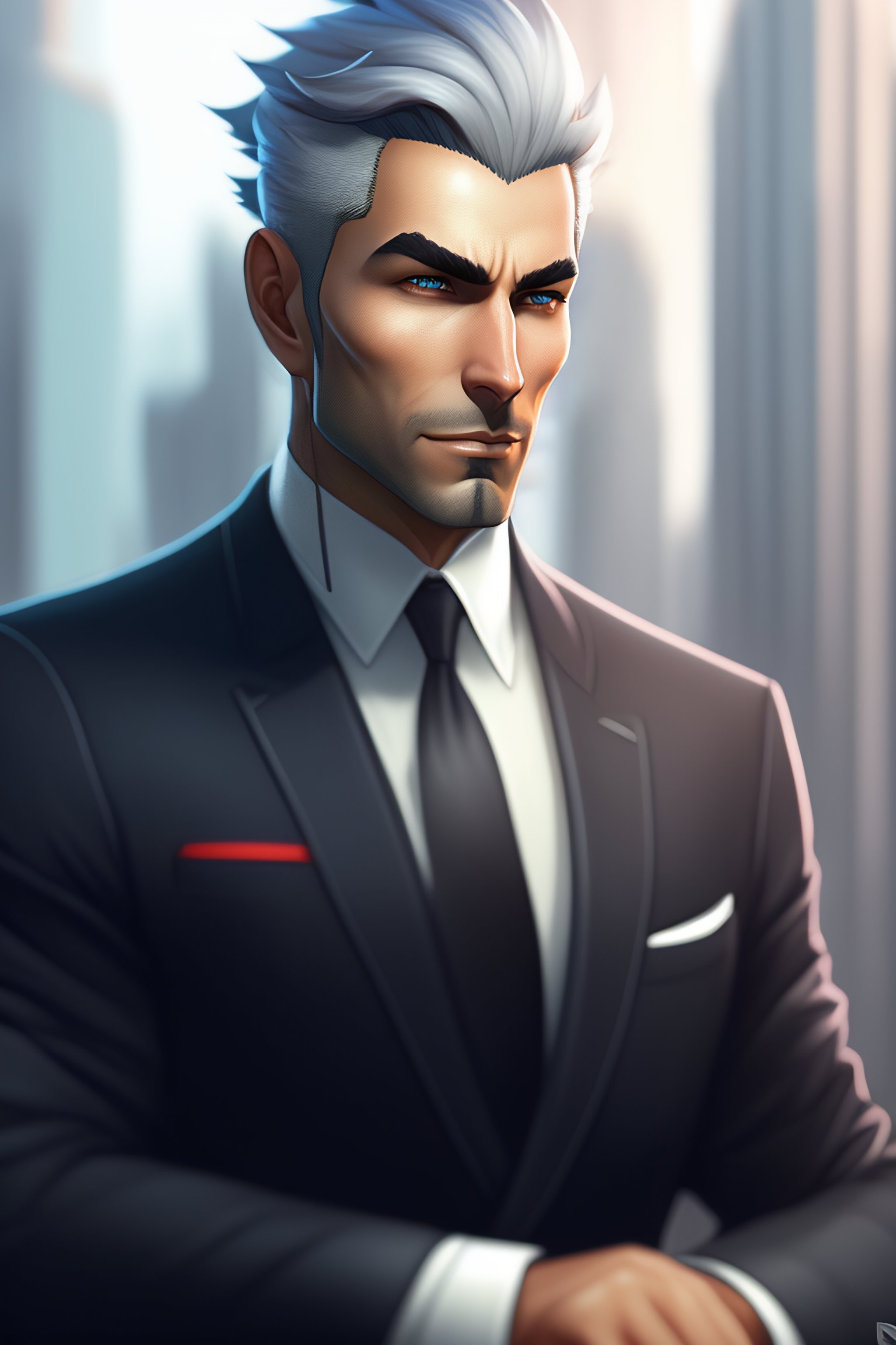 Lexica - Man in a business suit, close up, sharp focus, necktie, grey ...