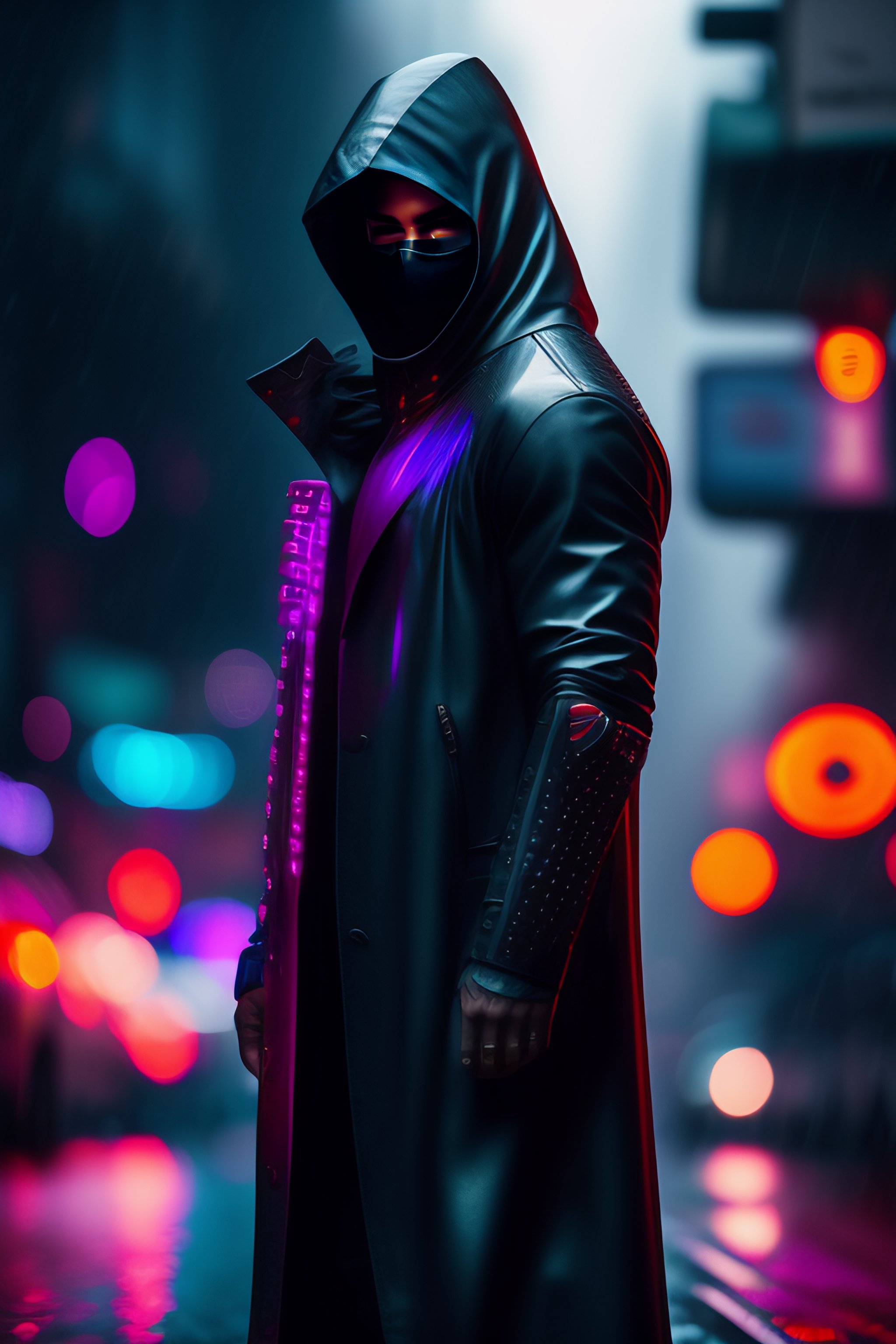 Lexica - Futuristic cyberpunk masked assassin, holding a blade, full ...