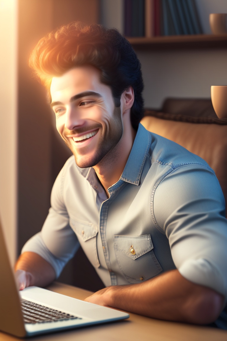 Lexica - Man happy on pc, working home, smile