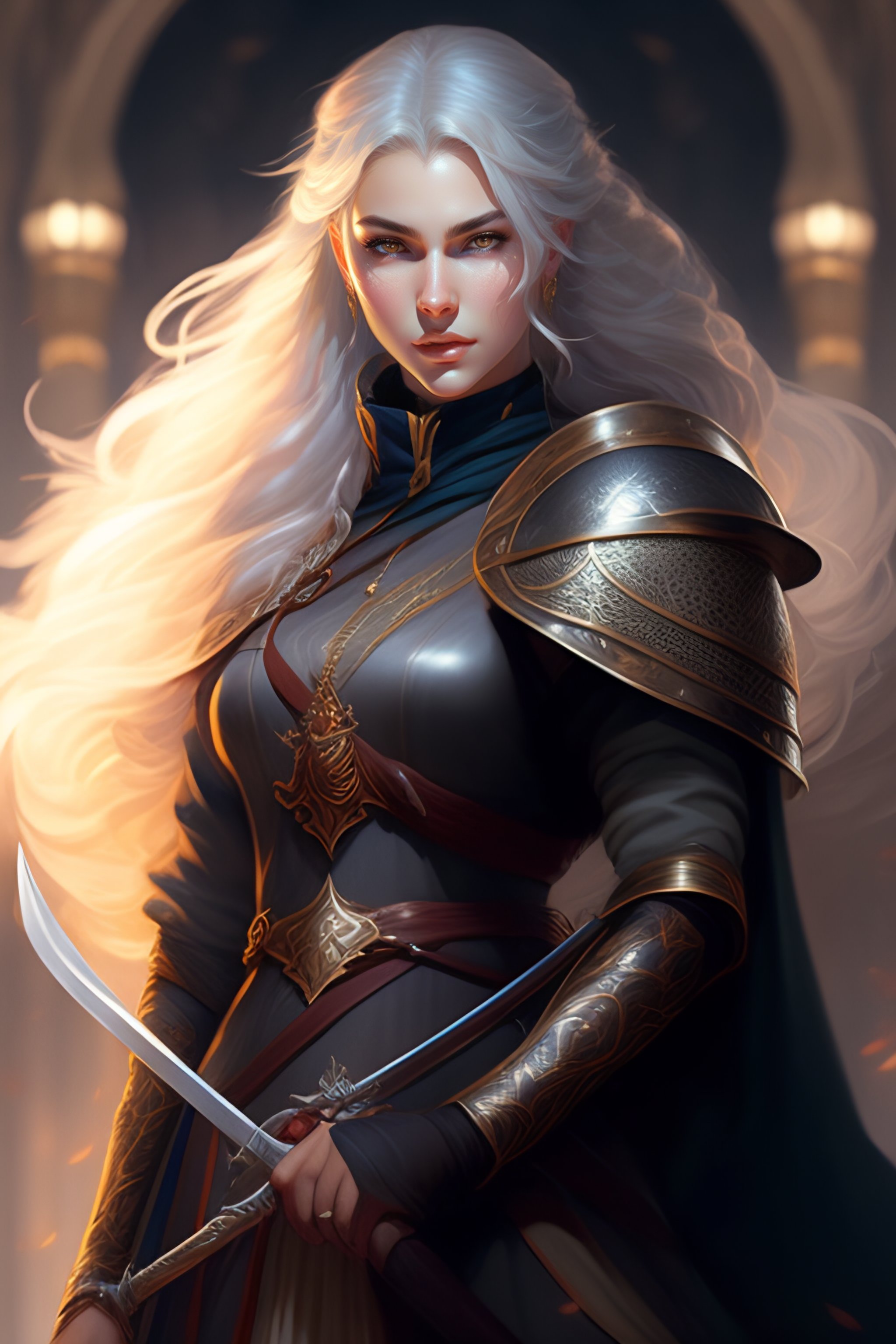 Lexica - Young female cleric in center, dnd, fantasy, gray hair ...