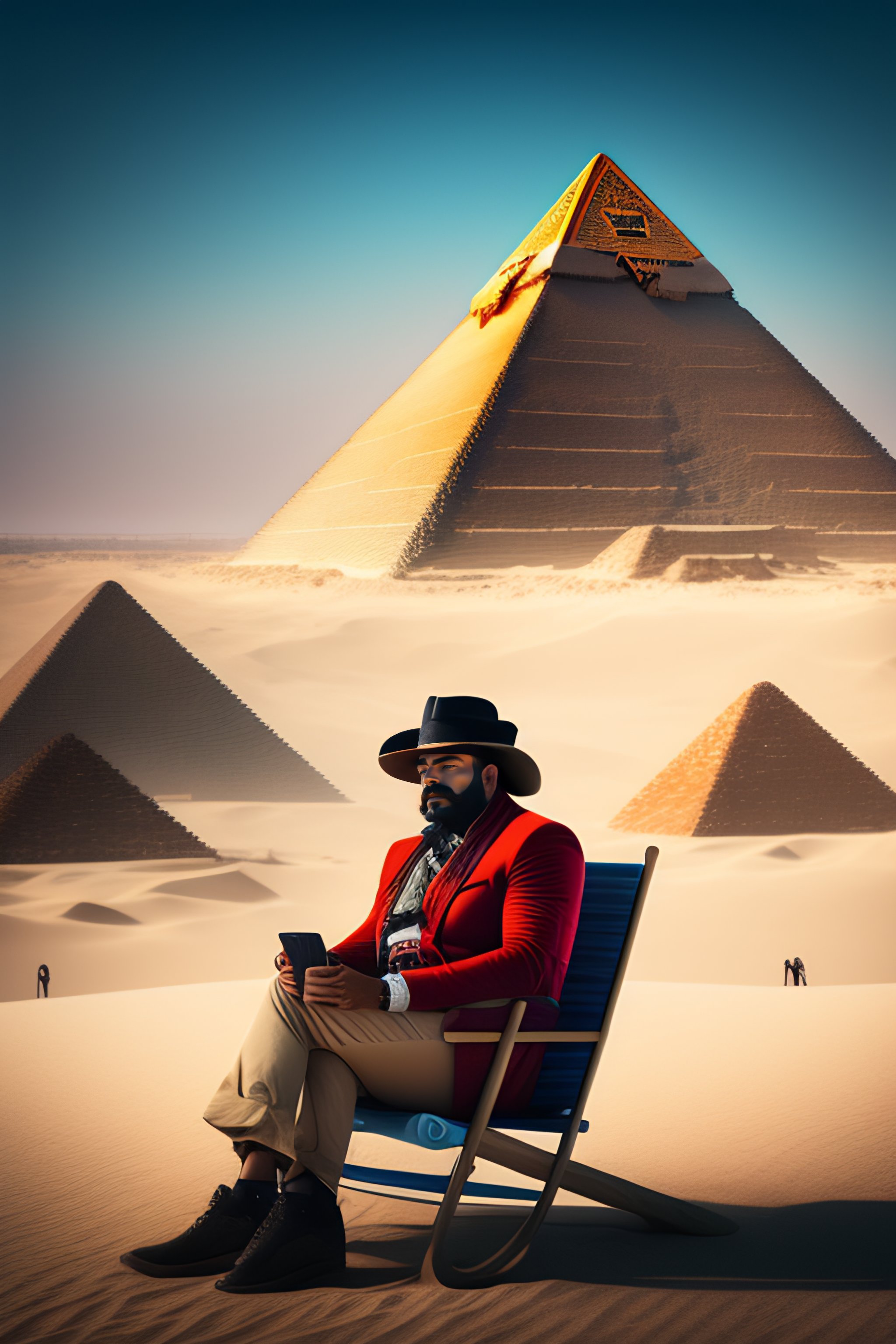 Lexica - Photo of a mustached man sitting on a beach chair on top of ...