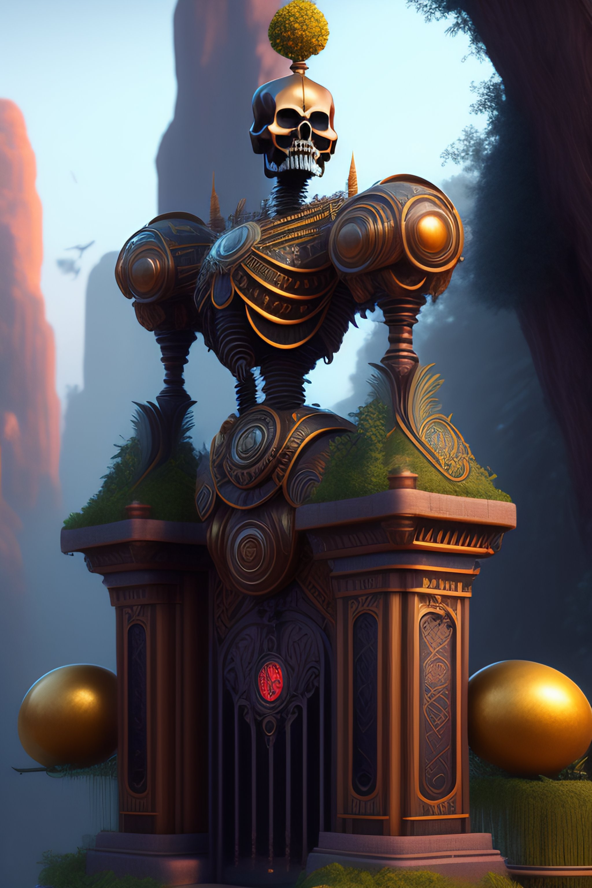 Lexica - A carved overgrown statue of a skelleton, robot, extremly ...