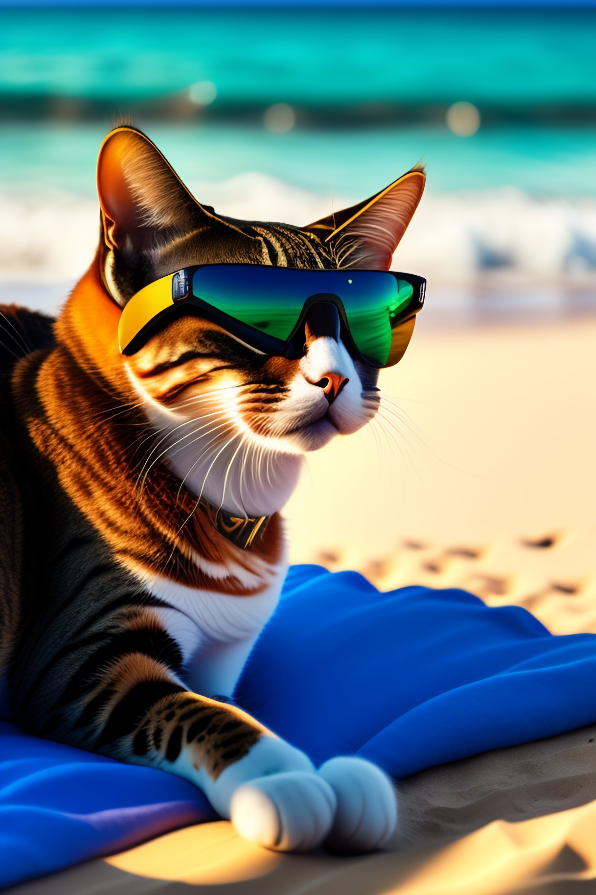 Lexica - A cat wearing sunglasses and lying down beach bed in Maldives