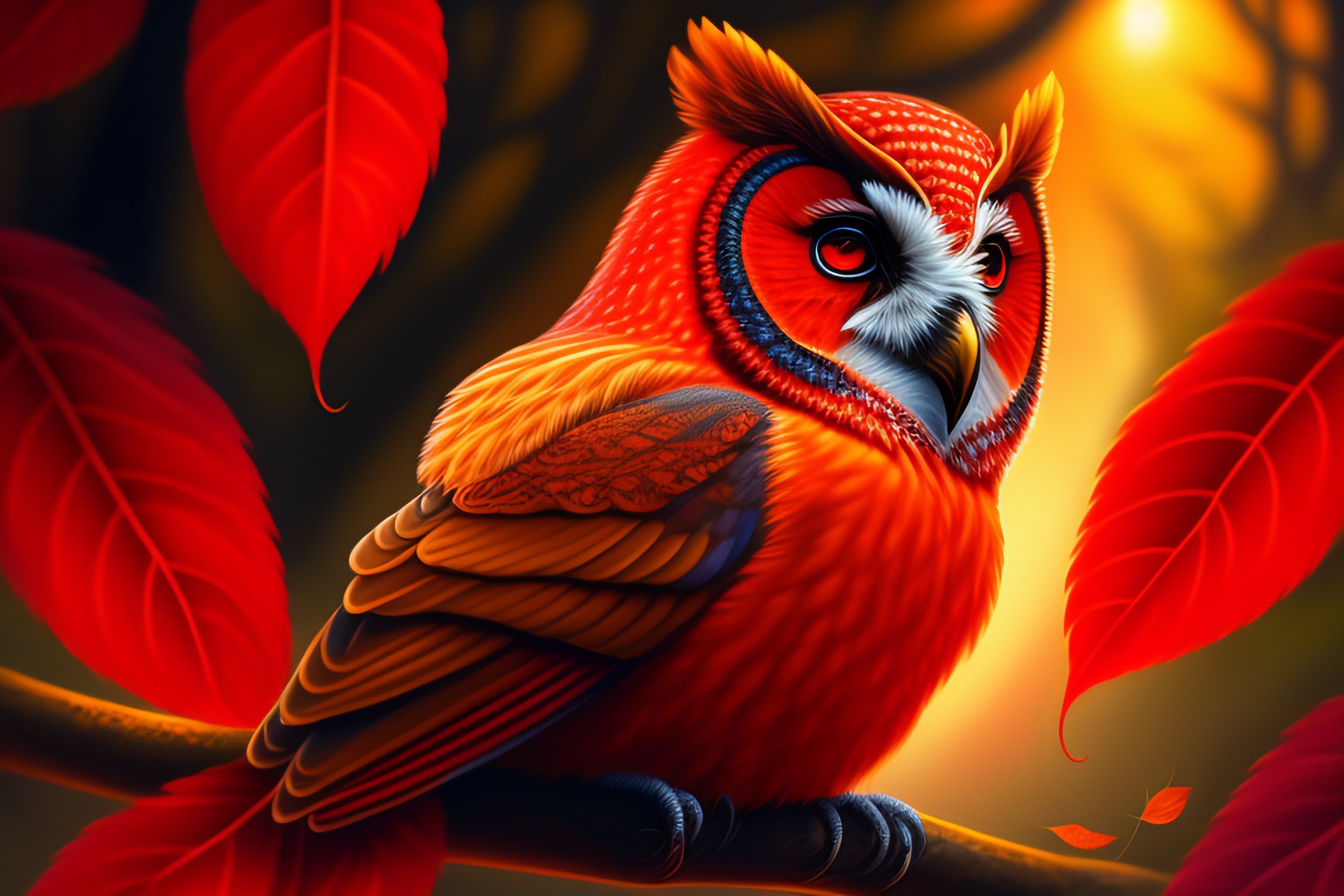 Lexica - Radiant red owl, glowing amber, autumn colours, highly ...
