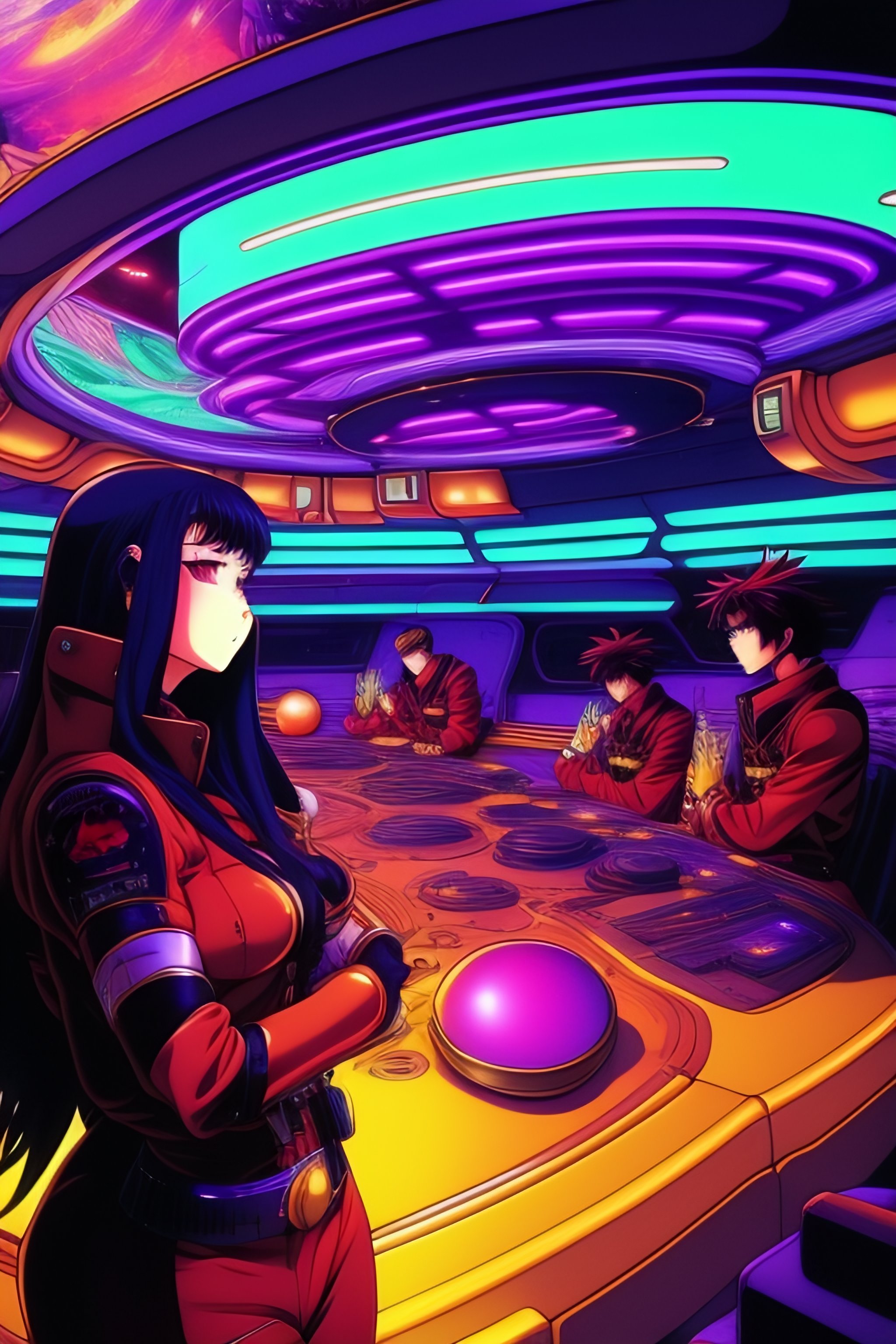Lexica - Vintage 90's anime style. cluttered starship interior; crew ...