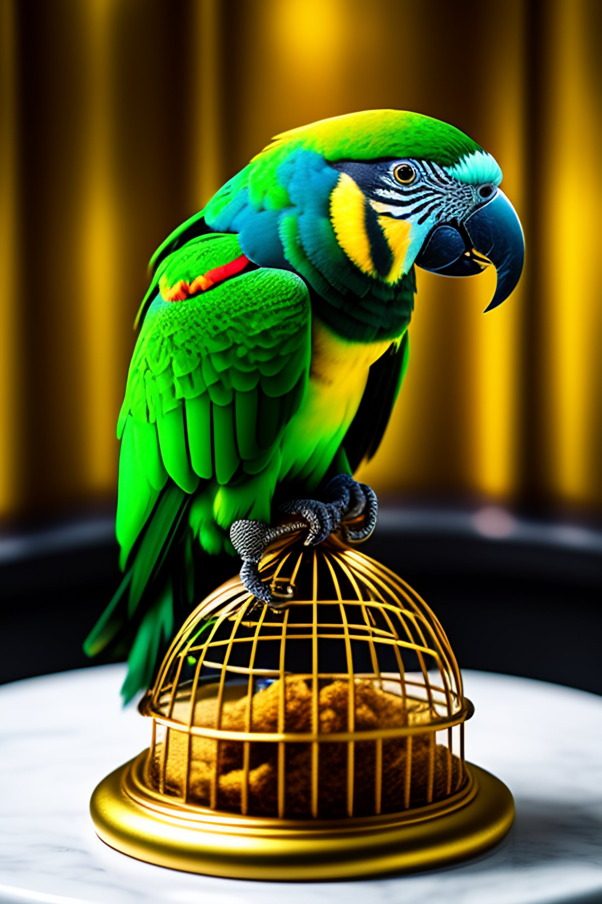 Lexica - Green tiger parrot in golden cage