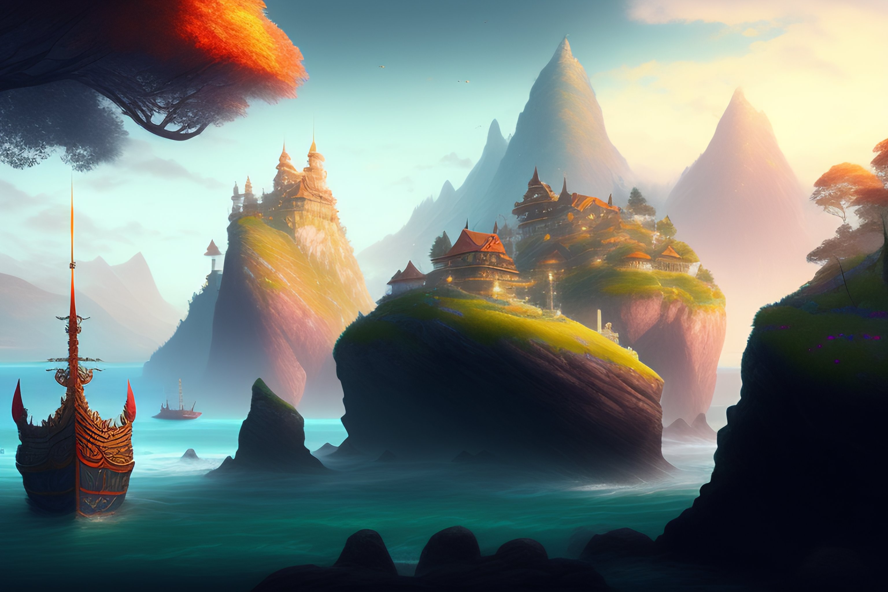 Lexica - Digital art of a beautiful vibrant medieval fantasy coastal ...