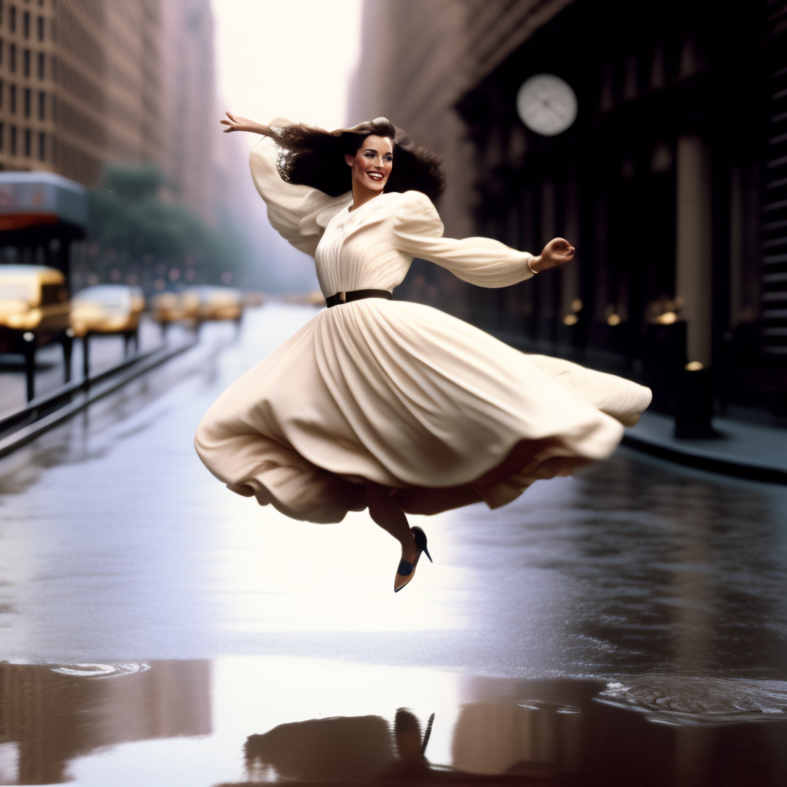 Lexica - Vintage photo of a model jumping over a puddle in NY, long ...