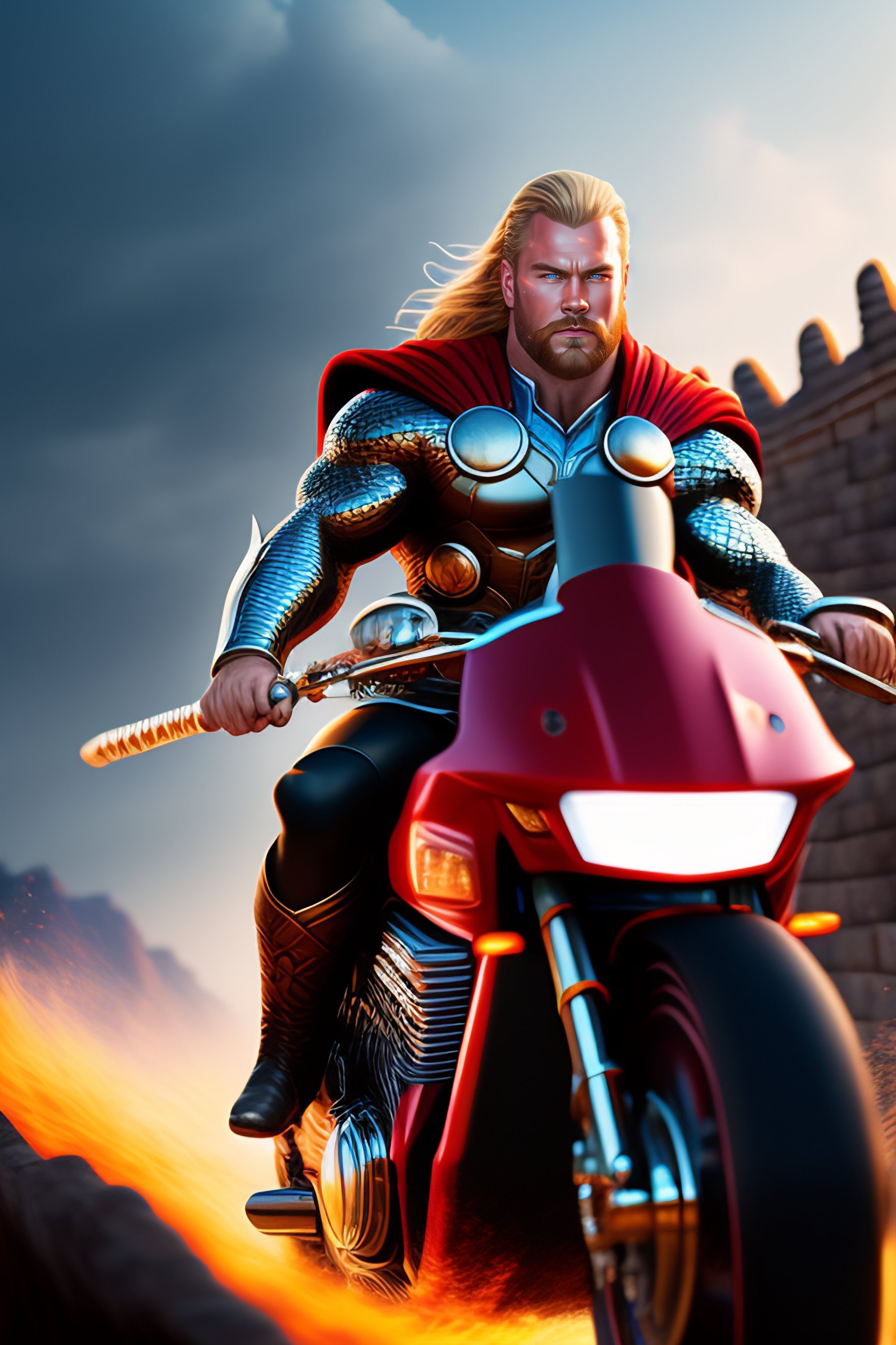 Lexica - An action scene of thor riding a motorcycle, on the great wall of china, holding his ...