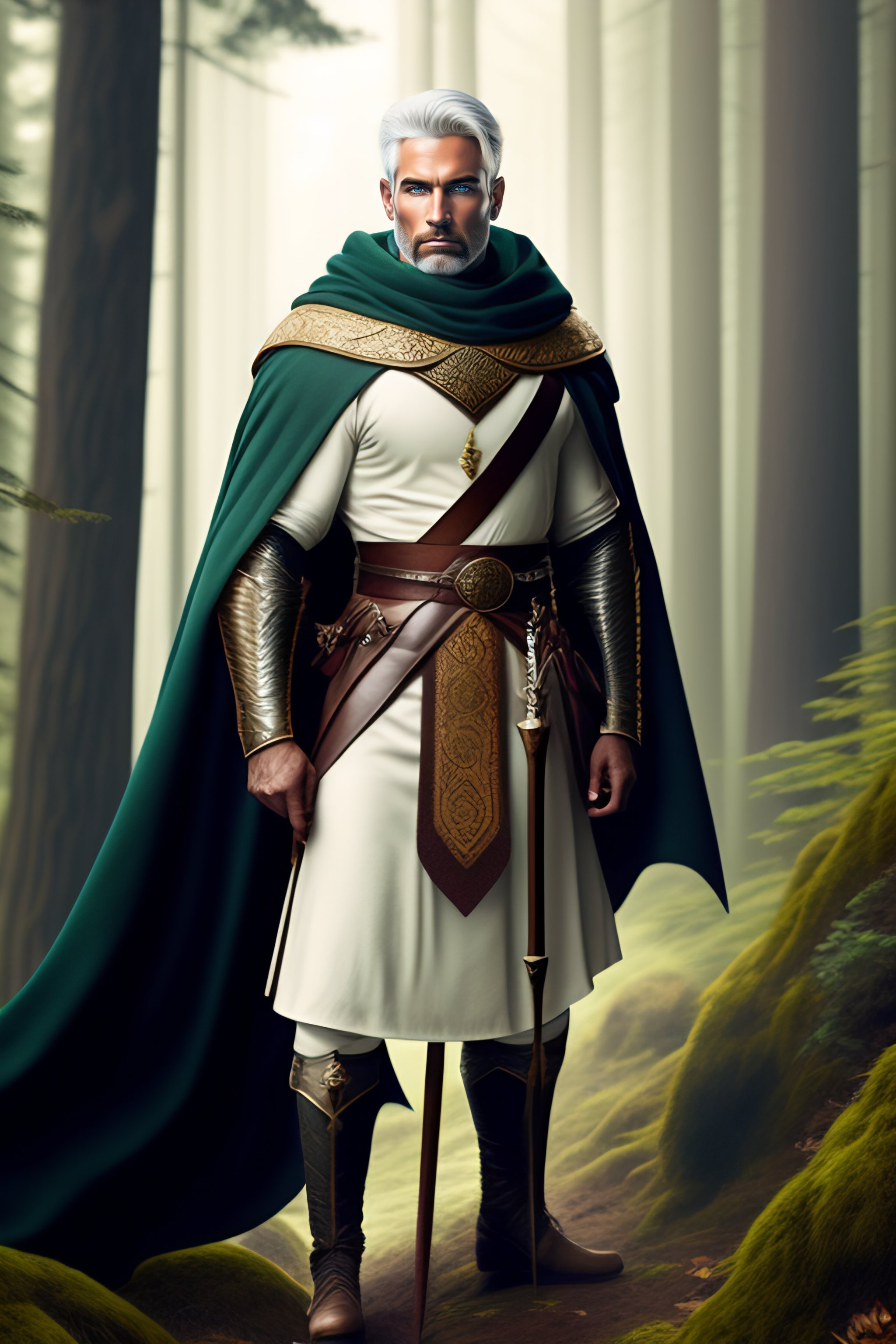 Lexica - Ranger medieval men in forest with sword white hair with cape