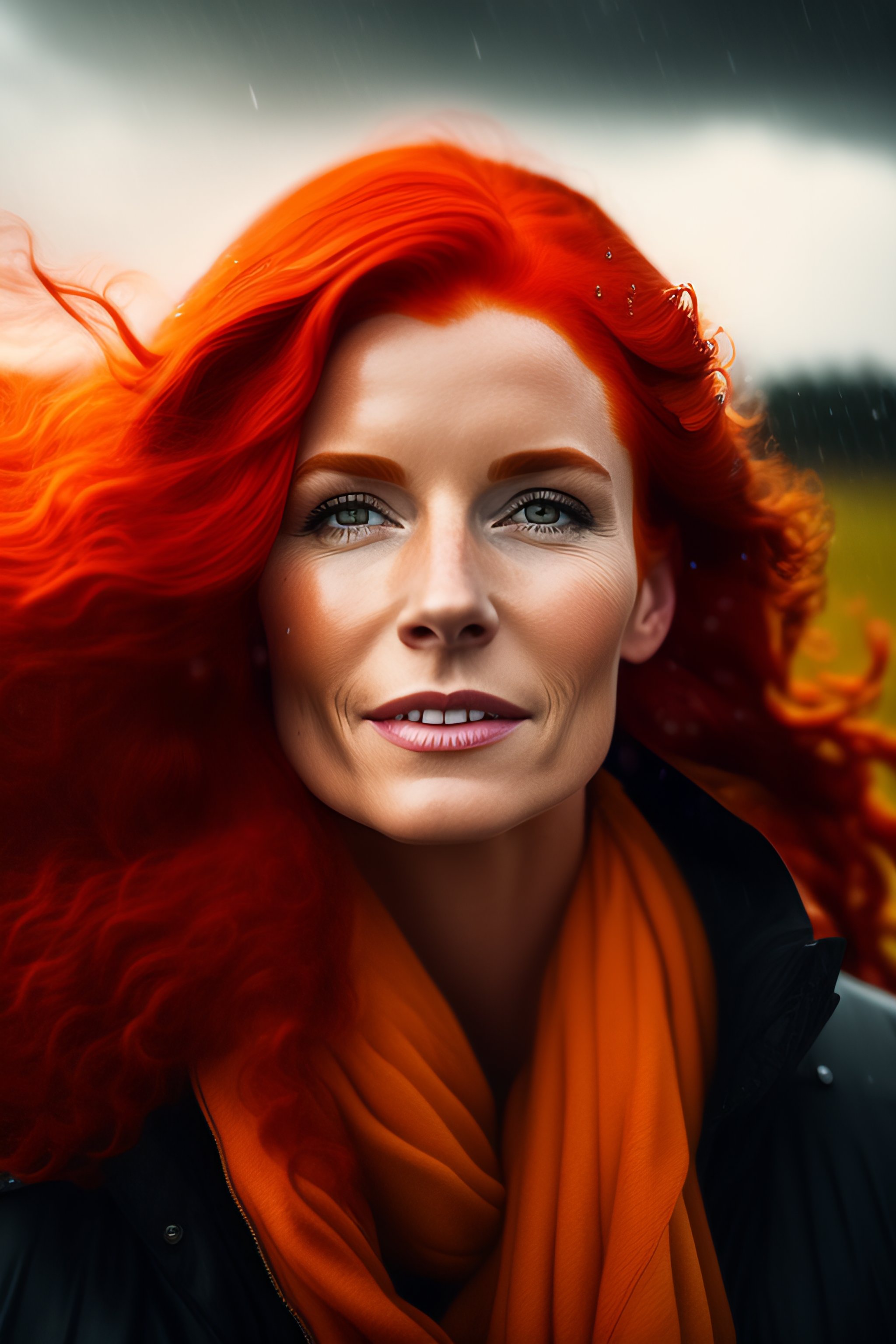 Lexica - The portrait of a red-haired woman in the rain, look up ...