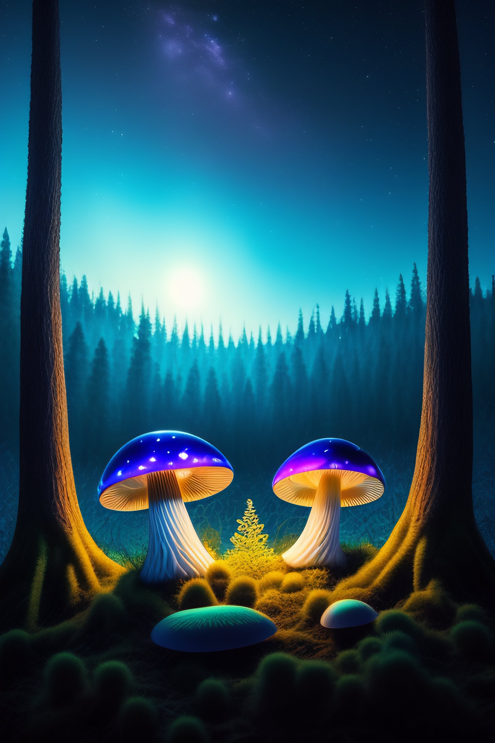 Lexica - Cosmic forest overgrown mushrooms in the moonlight