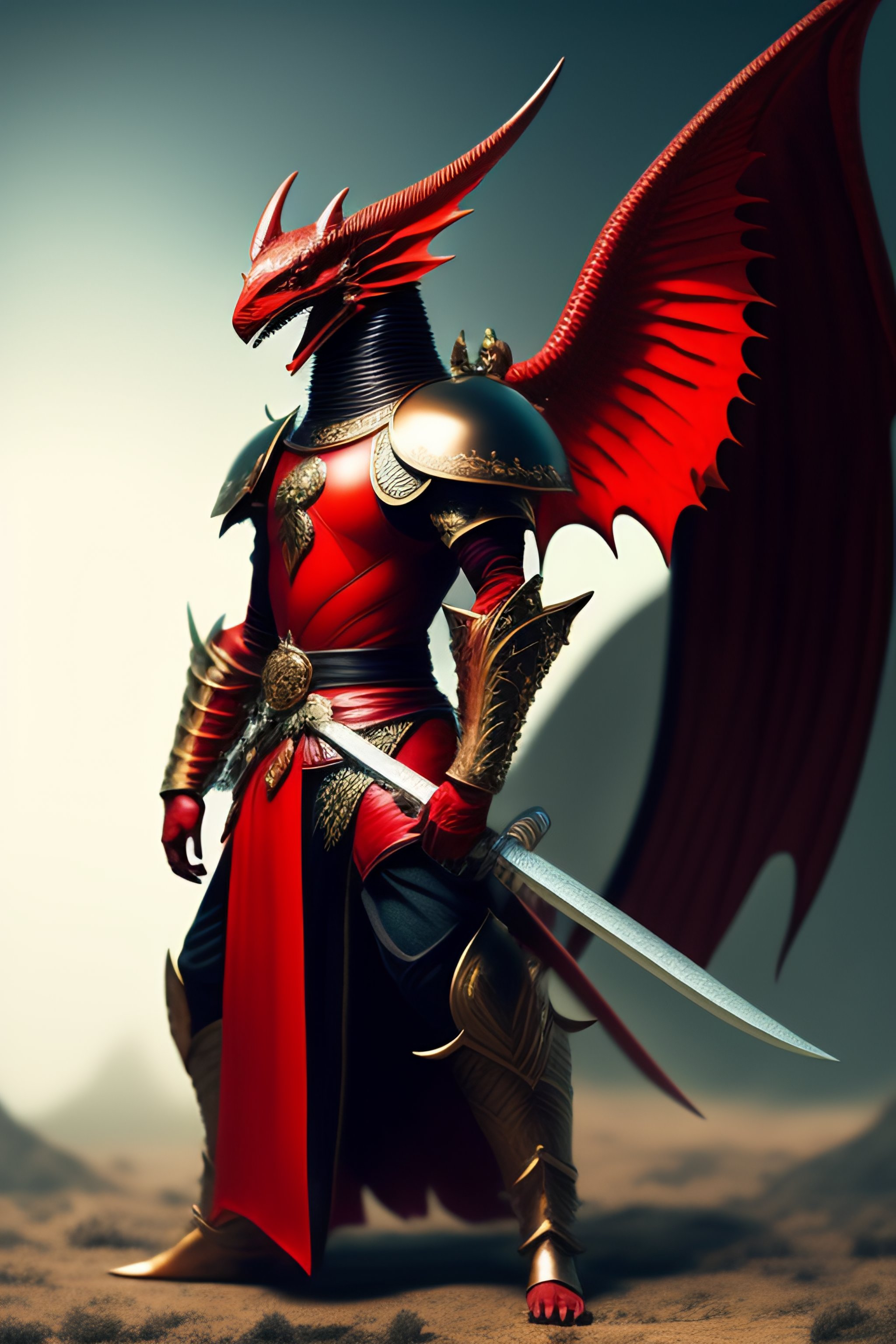 Lexica - Humanoid red dragon using two swords