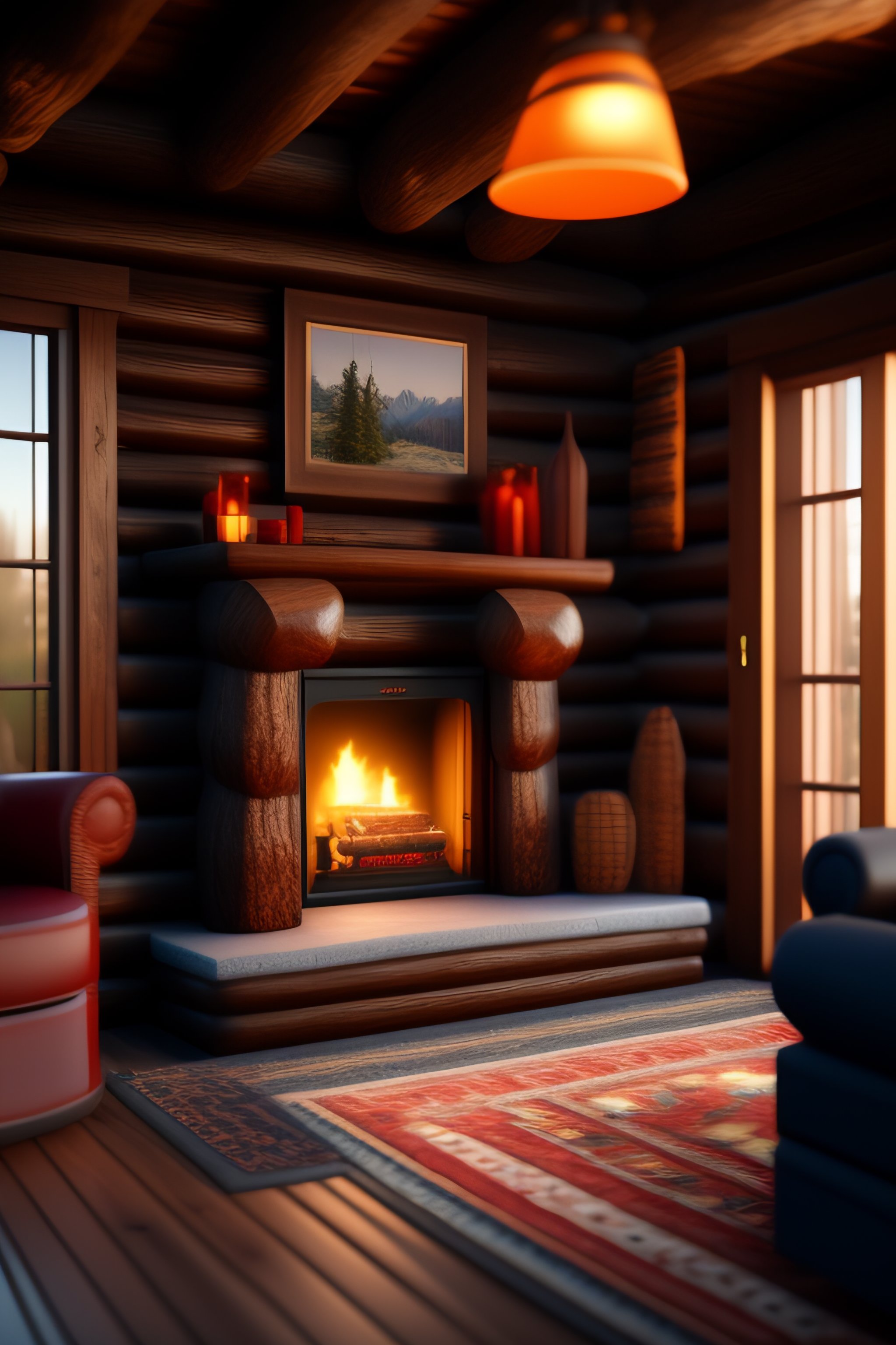 Lexica - Log cabin interior with a large hamburger on the wall like a ...