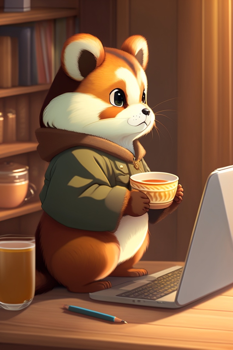 Lexica - Tanuki, with cookie and tea in hand, in front of laptop, from ...