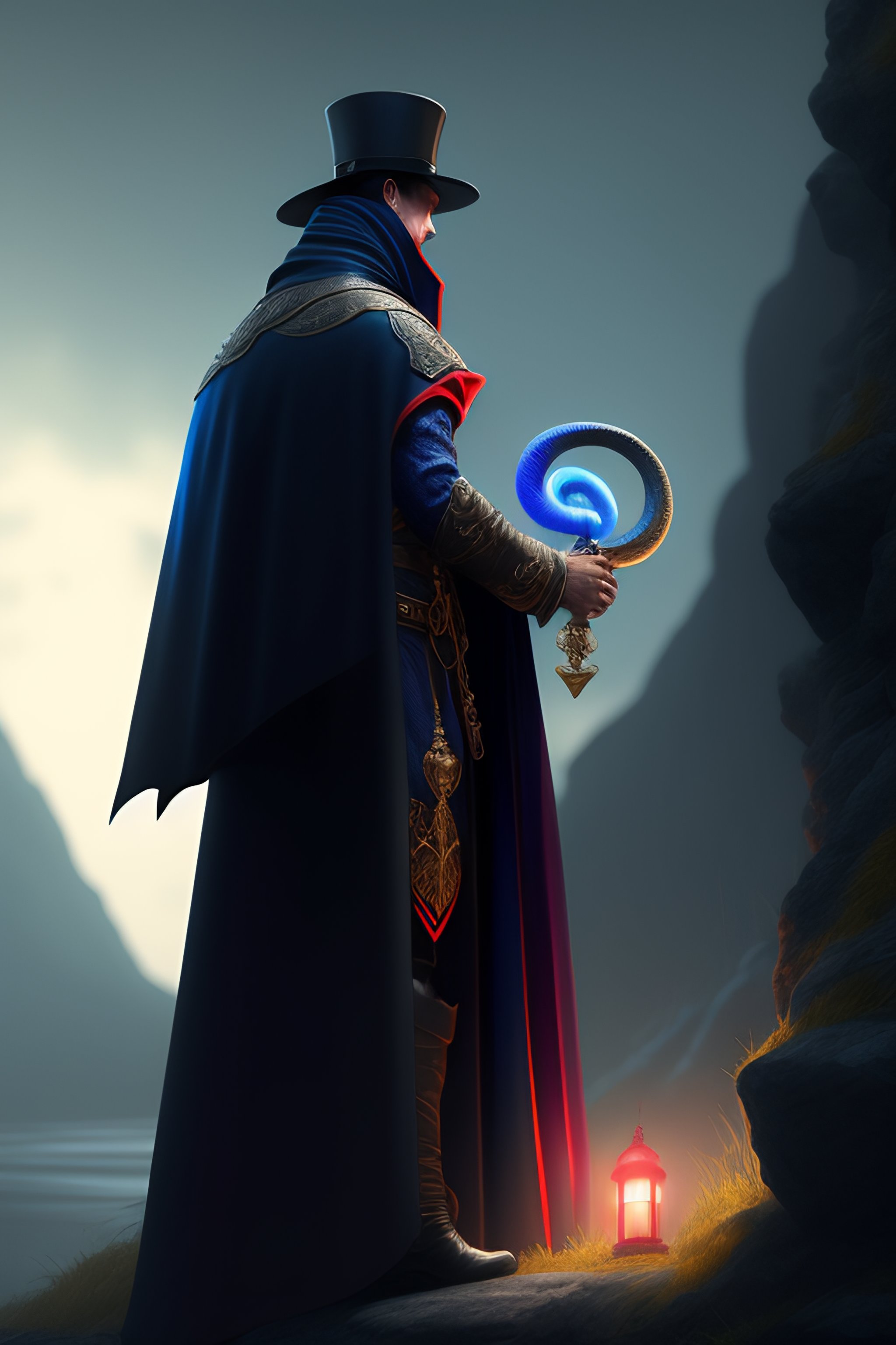 Lexica - Man with a mustache, wearing a black hat, wearing a blue cape ...