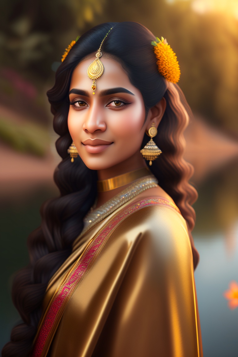 Lexica - Portrait of 1 pure young India woman, standing by a river in ...