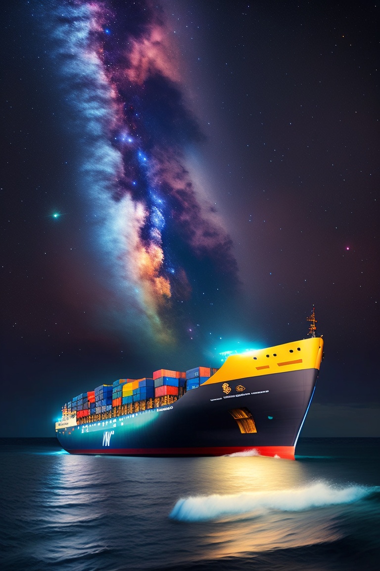Lexica - Container ship, by night, with a spiral galaxy in the sky, Van ...