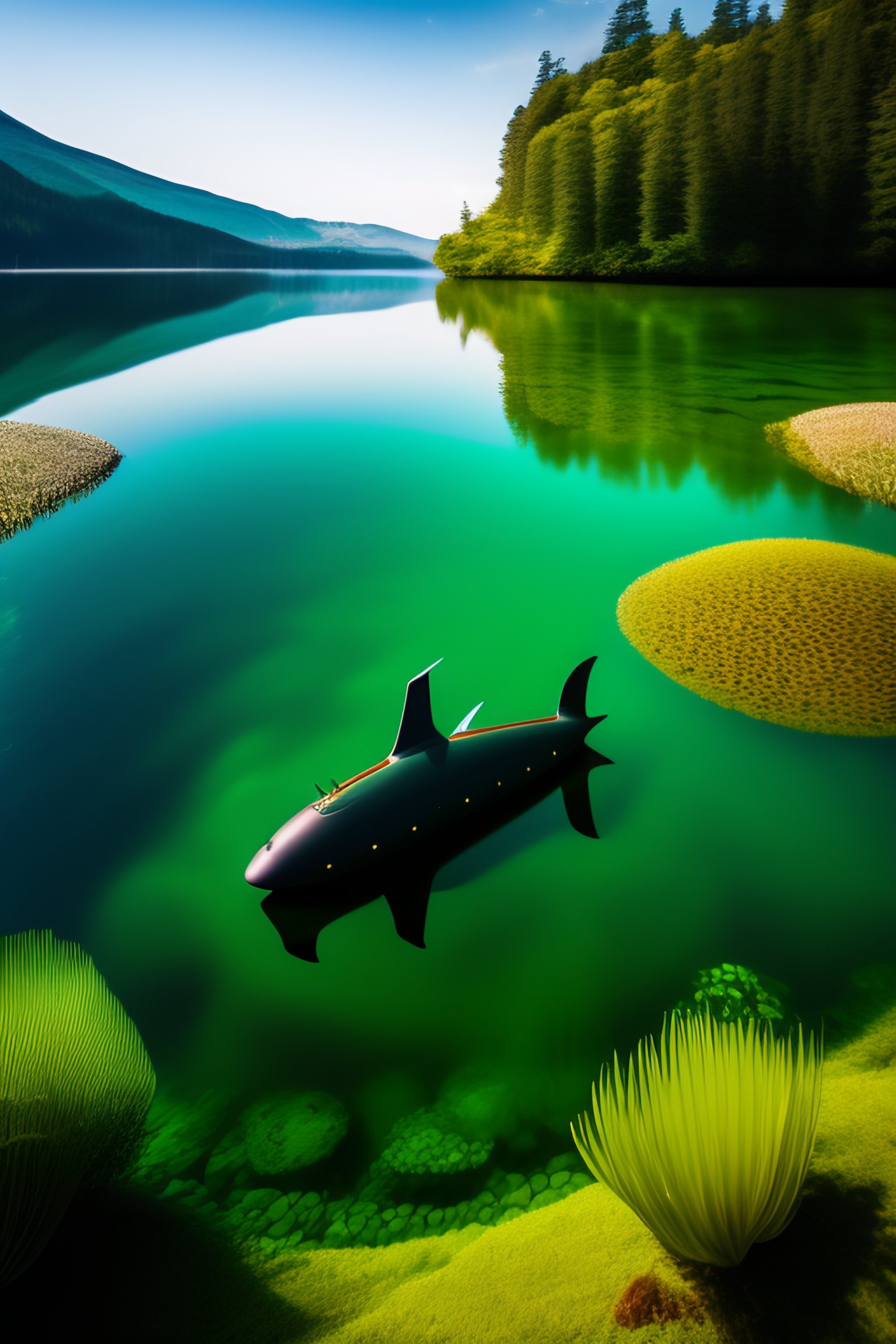 Lexica - Submarine view of lake with fish and green vegetation