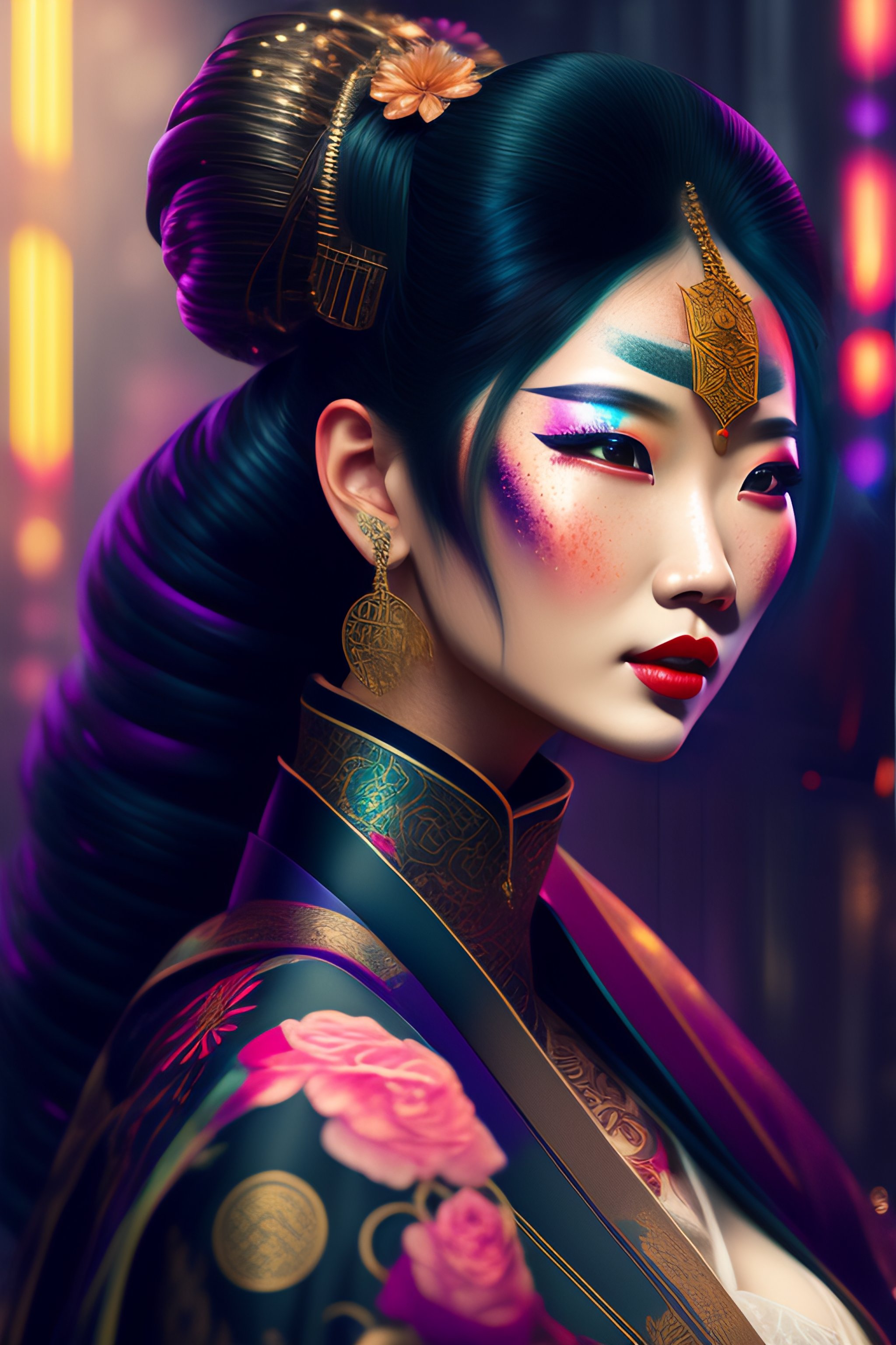 Lexica - “Ultra realistic Cyberpunk geisha in a lotus position, wearing ...