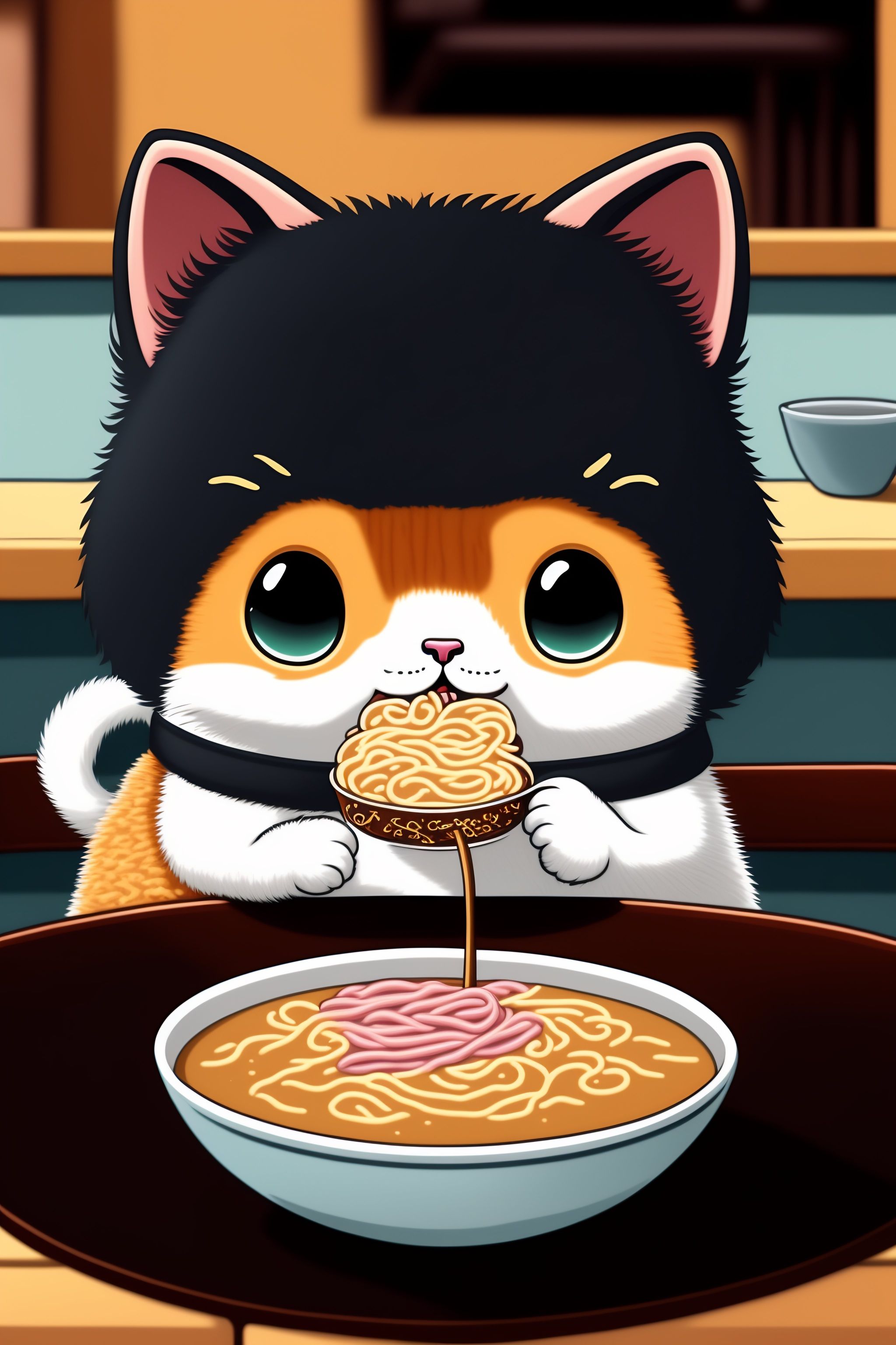 Lexica - Cute cartoon cat eating ramen
