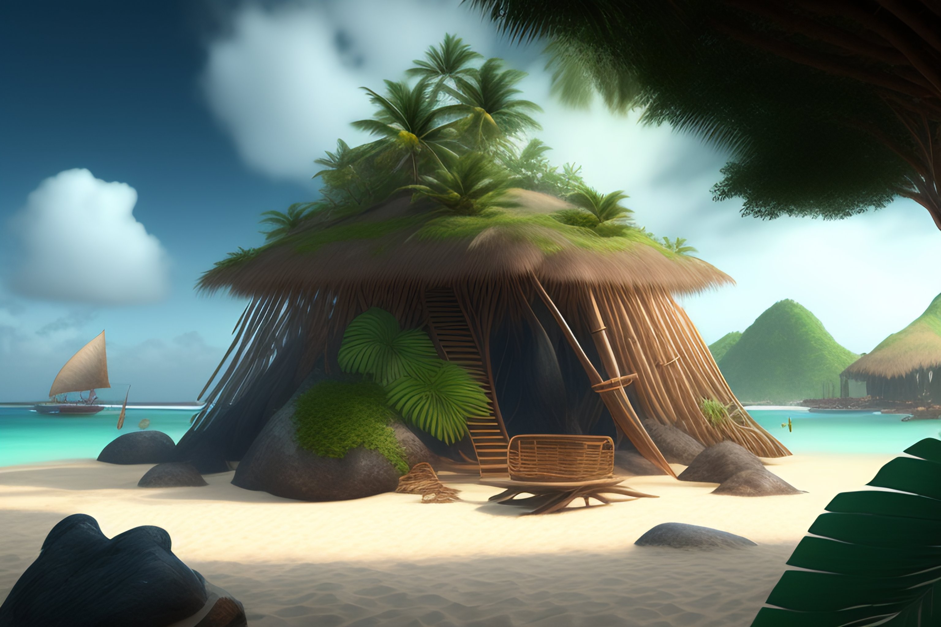 Lexica - Giant elven amerindian hut bamboo on tropical island beach ...